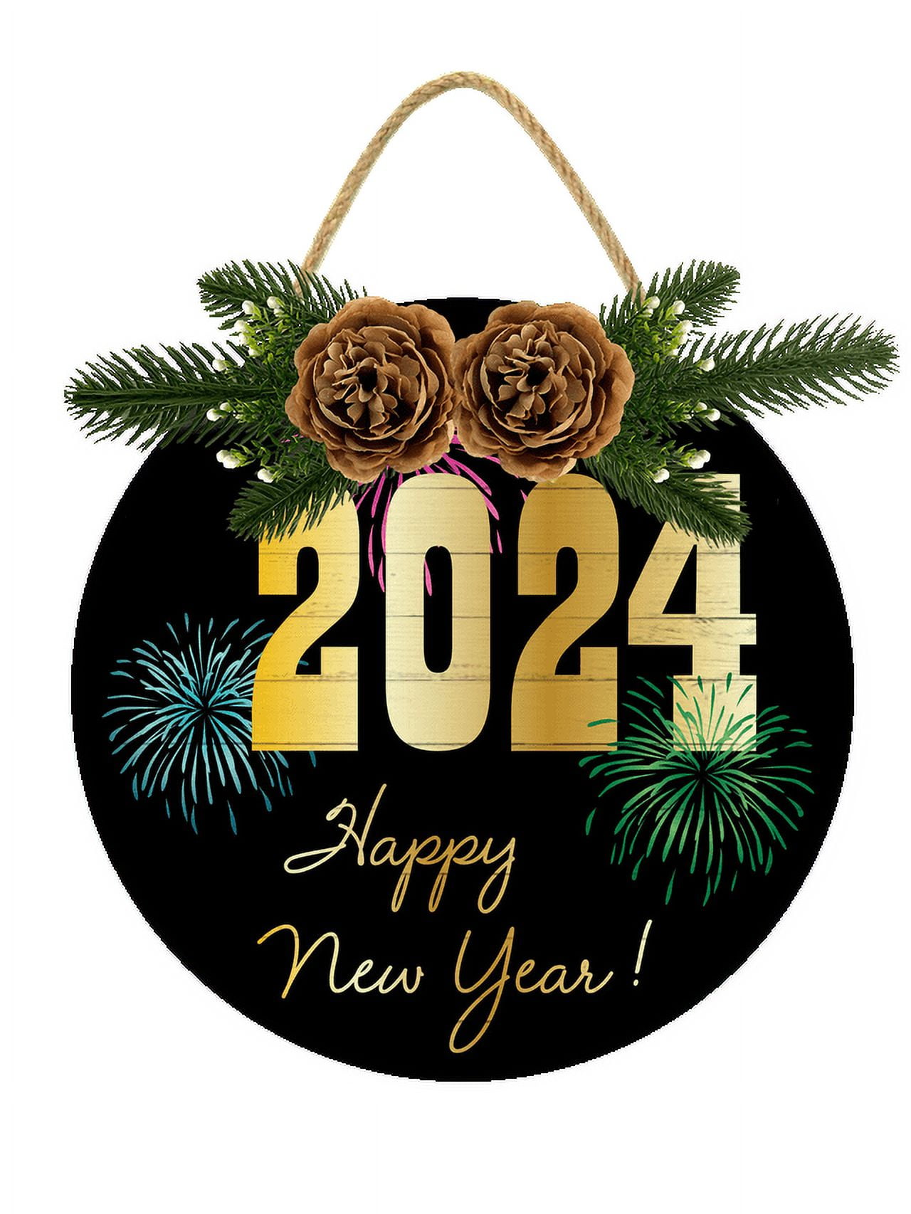 Eveokoki 2024 Happy New Year Door Sign Home Decor Round Wood Wreaths ...