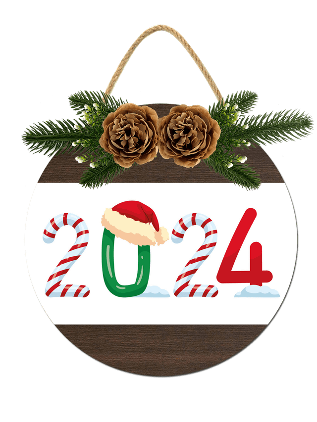 Eveokoki 2024 Happy New Year Door Sign Home Decor Round Wood Wreaths ...