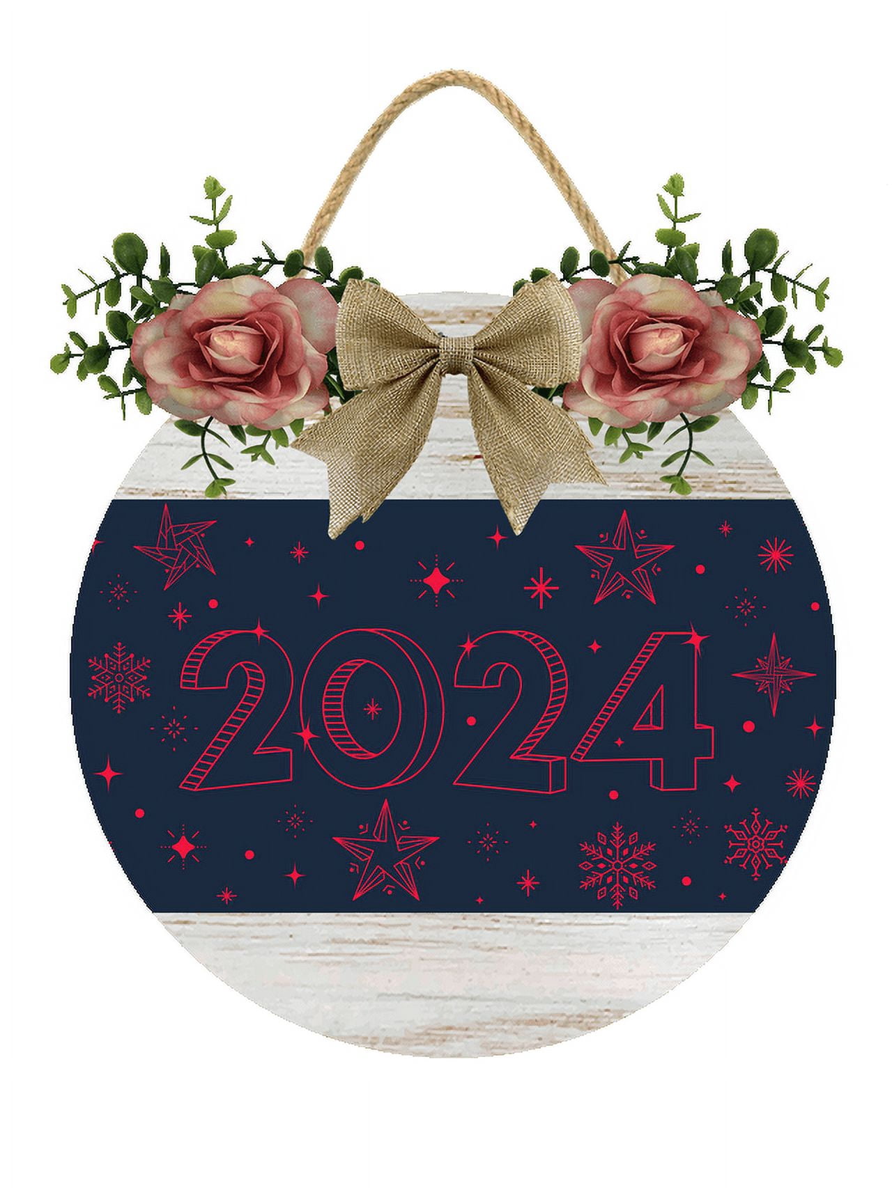 Eveokoki 2024 Happy New Year Door Sign Home Decor Round Wood Wreaths ...