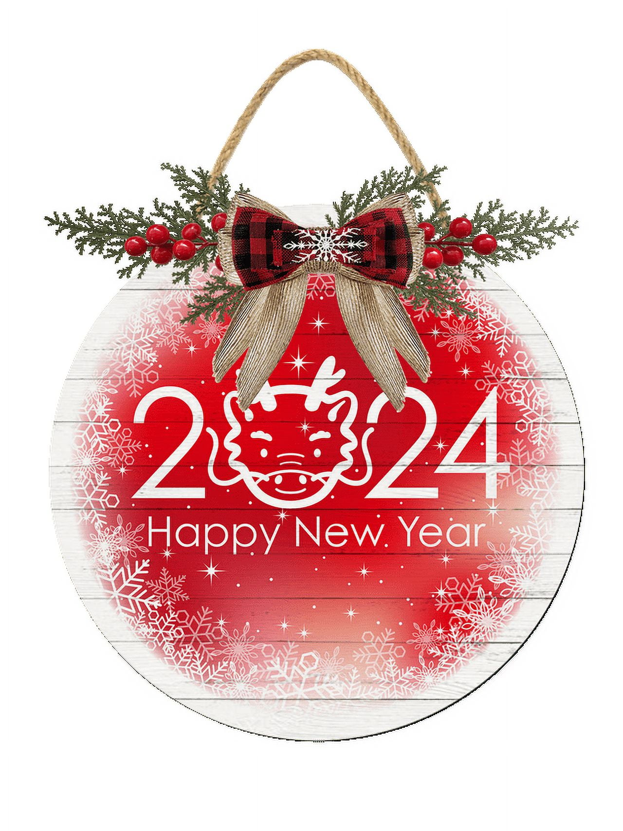 Eveokoki 2024 Happy New Year Door Sign Home Decor Round Wood Wreaths ...