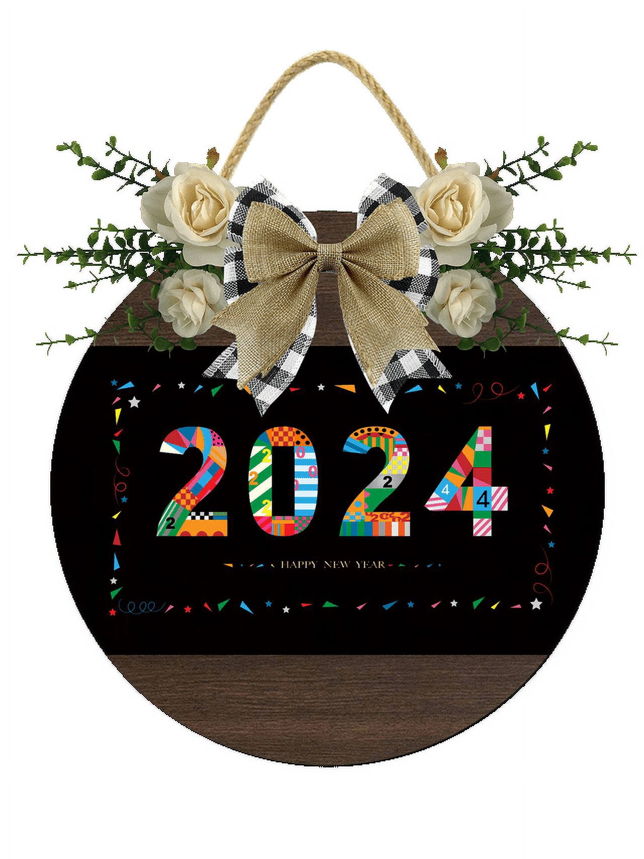 Eveokoki 2024 Happy New Year Door Sign Home Decor Round Wood Wreaths ...