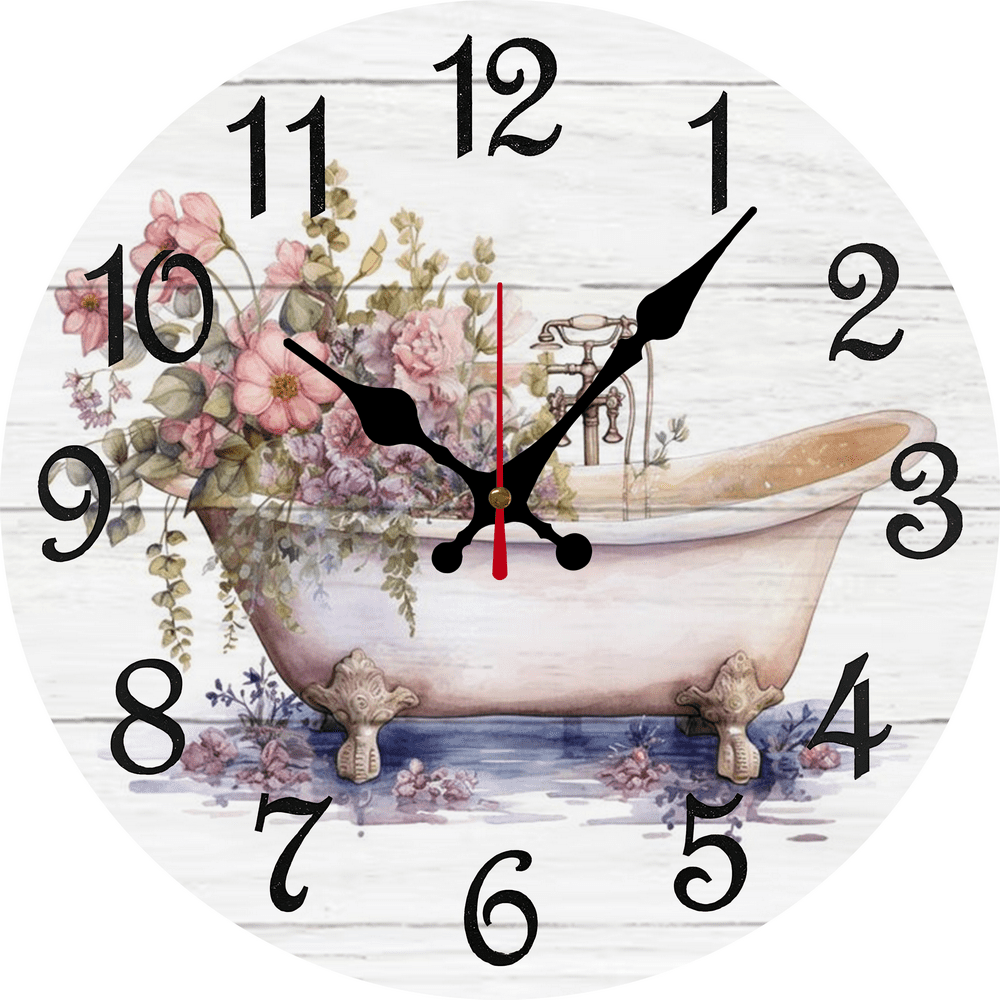 Eveokoki Bathroom Wall Clock Bathtub With Flowers Silent Non-Ticking ...