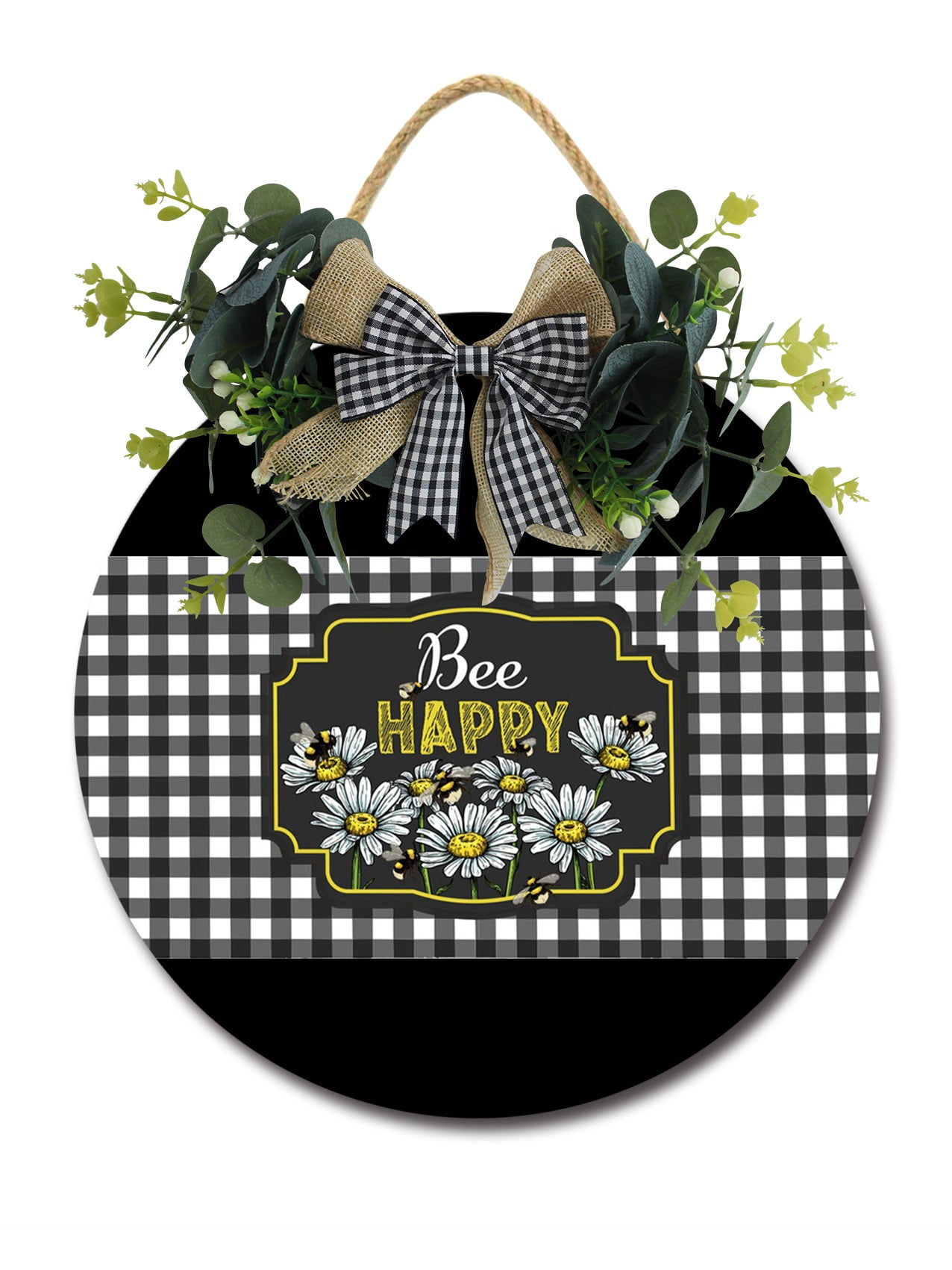 Eveokoki Bee Happy Wooden Front Door Sign Rustic Round Wreath Wall ...