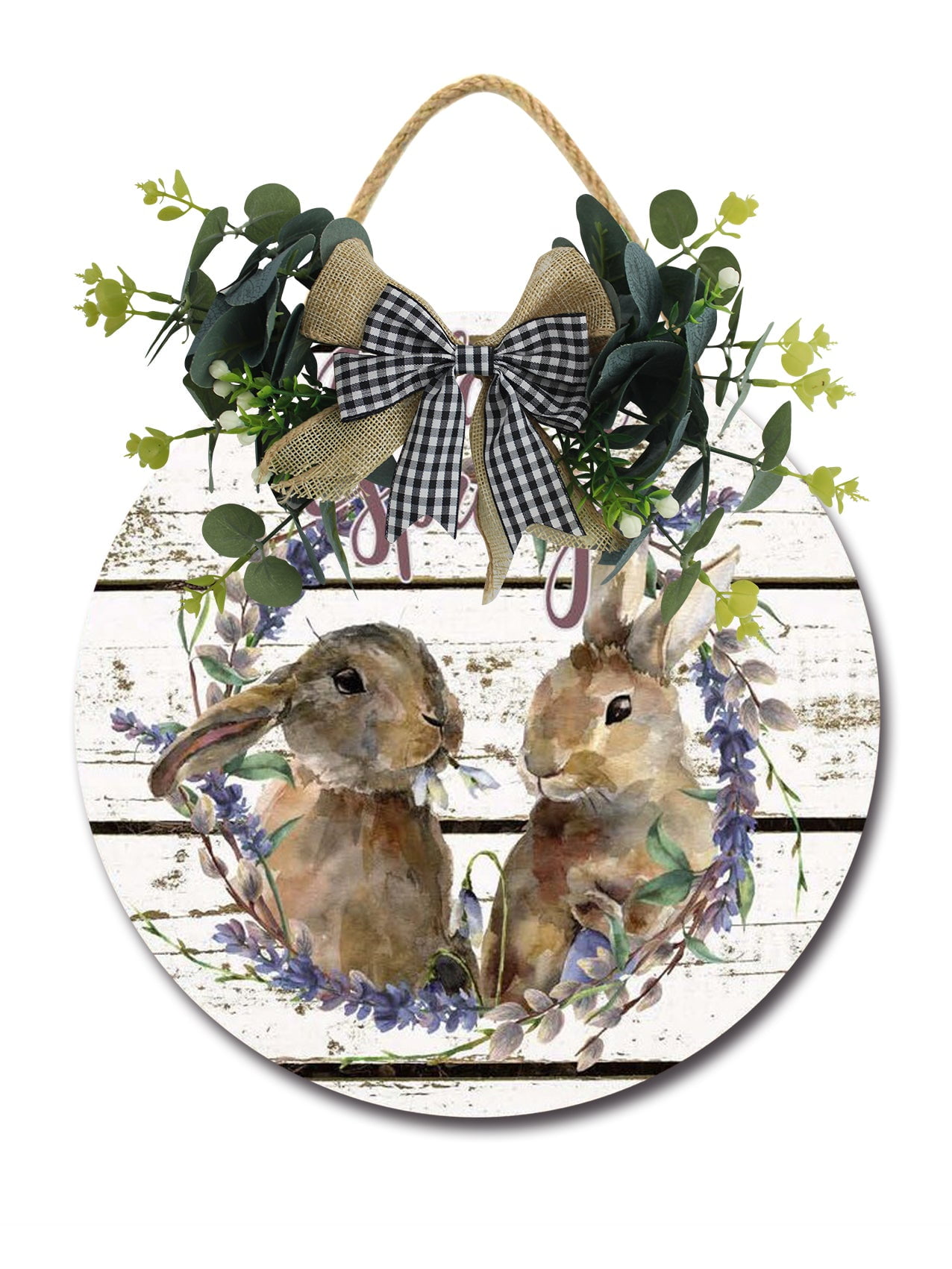 Eveokoki Bunnies Welcome Spring Wooden Front Door Sign Rustic Round ...