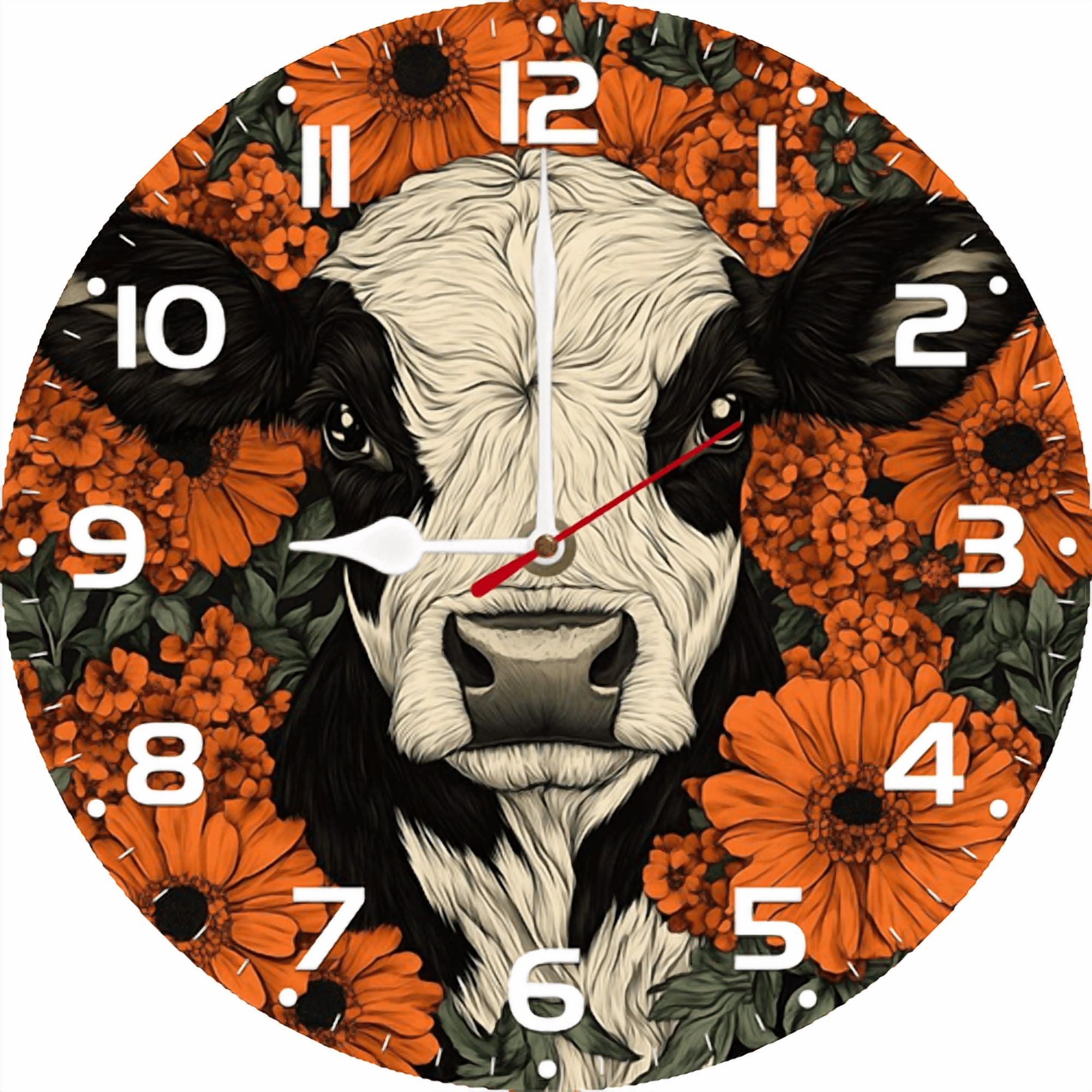 Eveokoki Charming Cow Surrounded By Orange Flowers Wall Clock 10 Inch ...