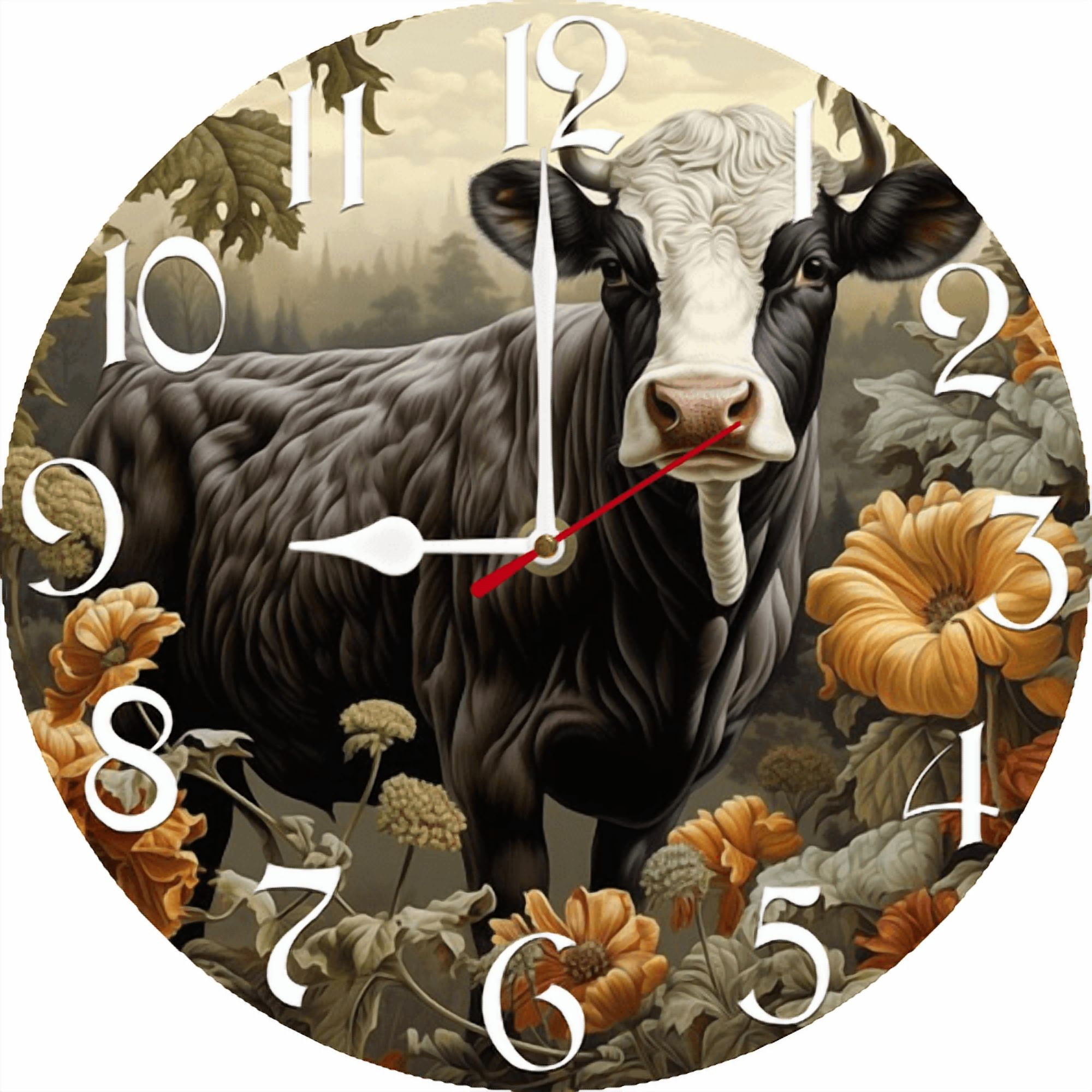 Eveokoki Cow Field Flowers With Cloudy Sky Wall Clock 10 Inch Battery ...