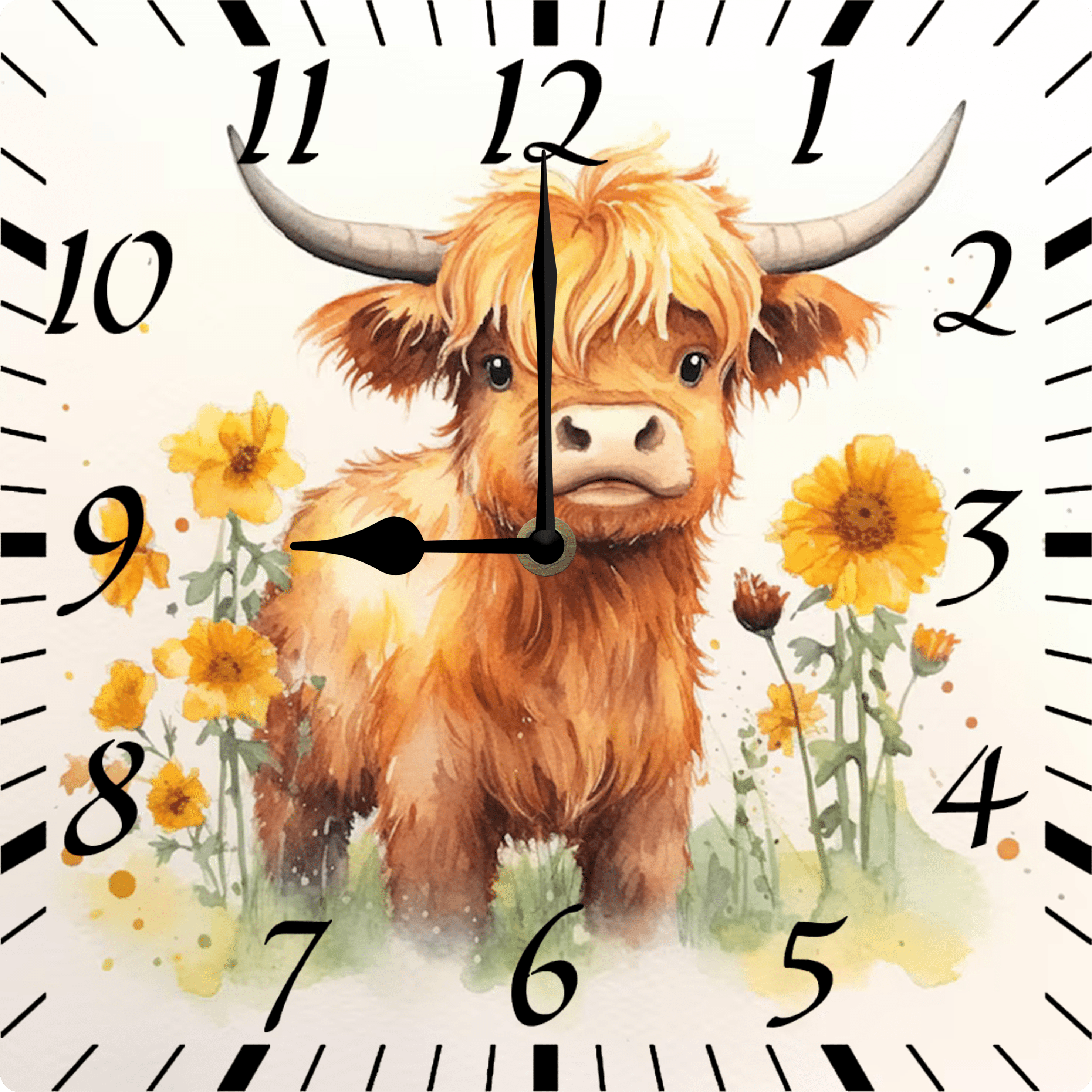 Eveokoki Cow With Flowers Square Wood Wall Clock Silent Analog Wall ...