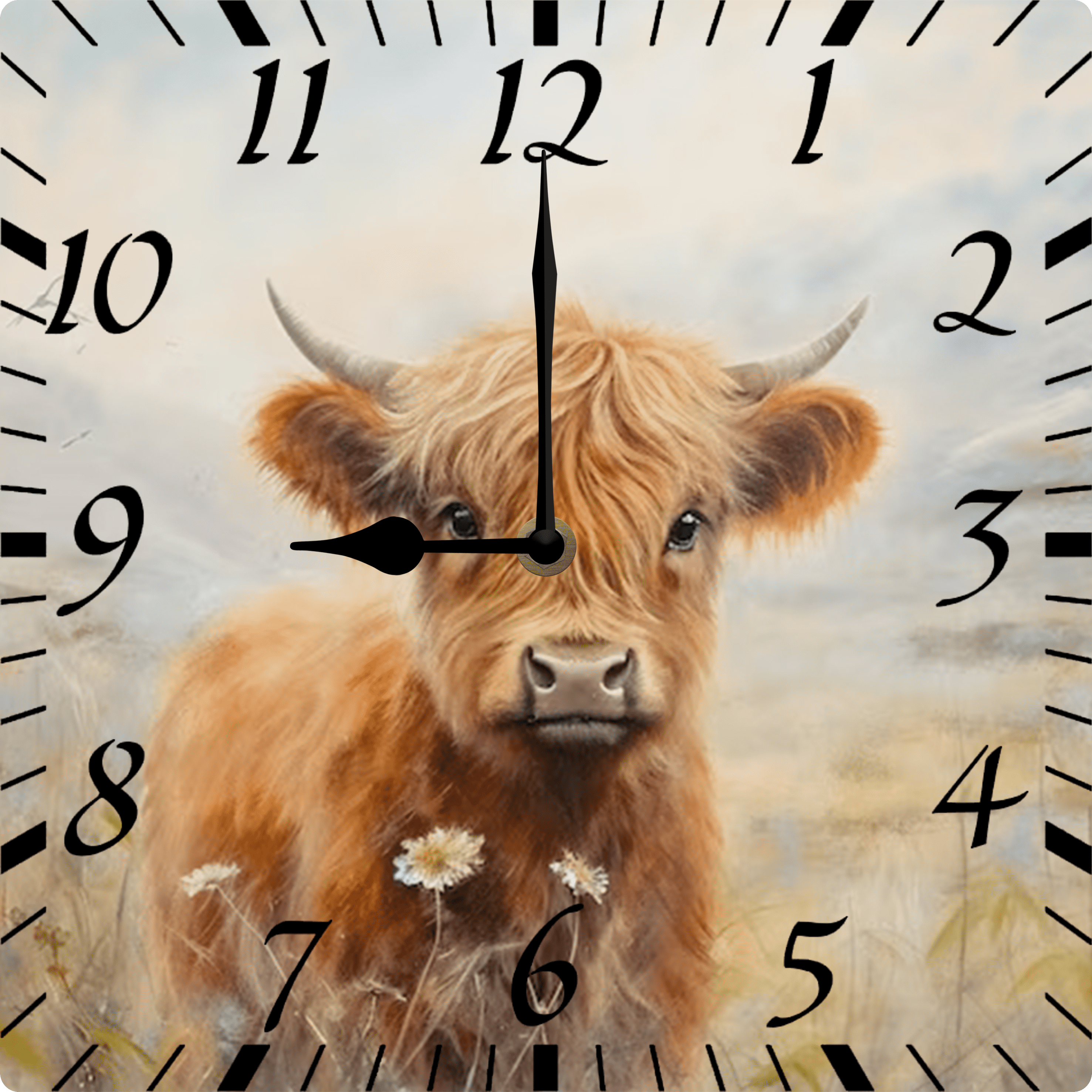 Eveokoki Cow With Horns Standing In A Field Square Wood Wall Clock ...