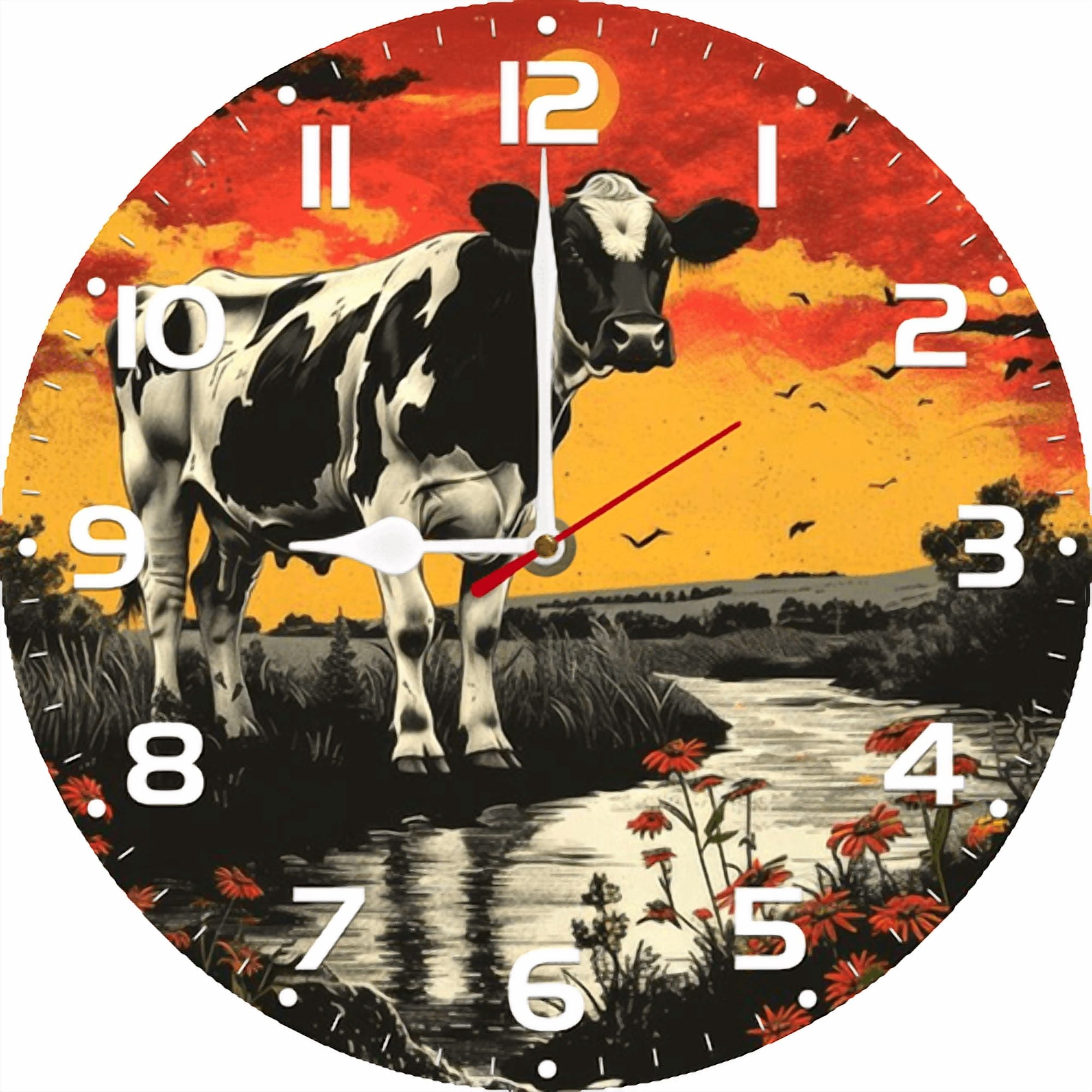 Eveokoki Cow Standing By A River At Sunset Wall Clock 10 Inch Battery ...