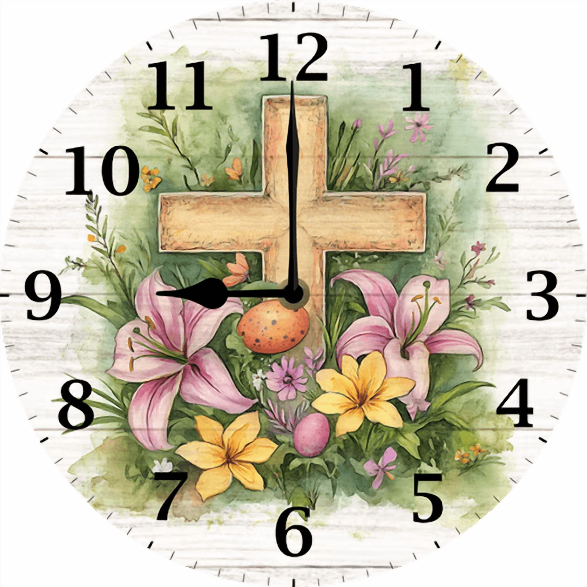 Eveokoki Cross Flowers Round Wall Clock Decorative, 12 Inch Battery ...