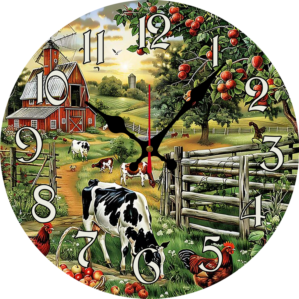 Eveokoki Farm With Cow Chickens Round DIY Wall Clock Silent Non Ticking ...
