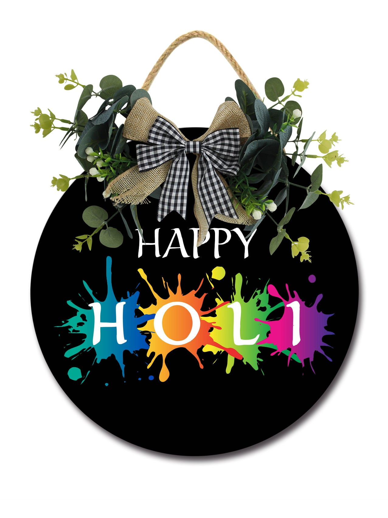 Eveokoki Happy Holi Wooden Front Door Sign Rustic Round Wreath Wall ...