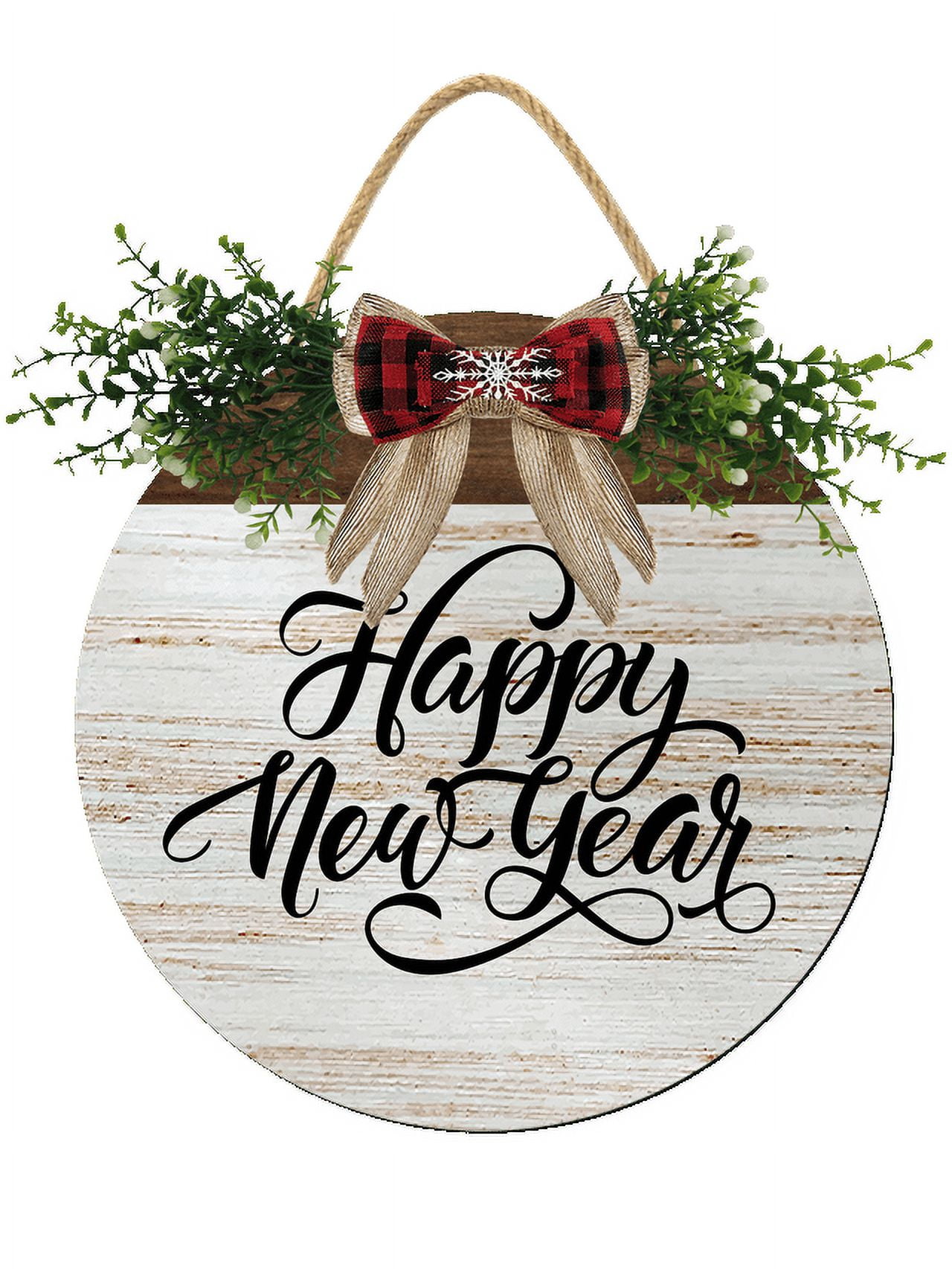 Eveokoki Happy New Year Door Sign Home Decor Round Wood Wreaths Wall Hanging Sign Farmhouse ...