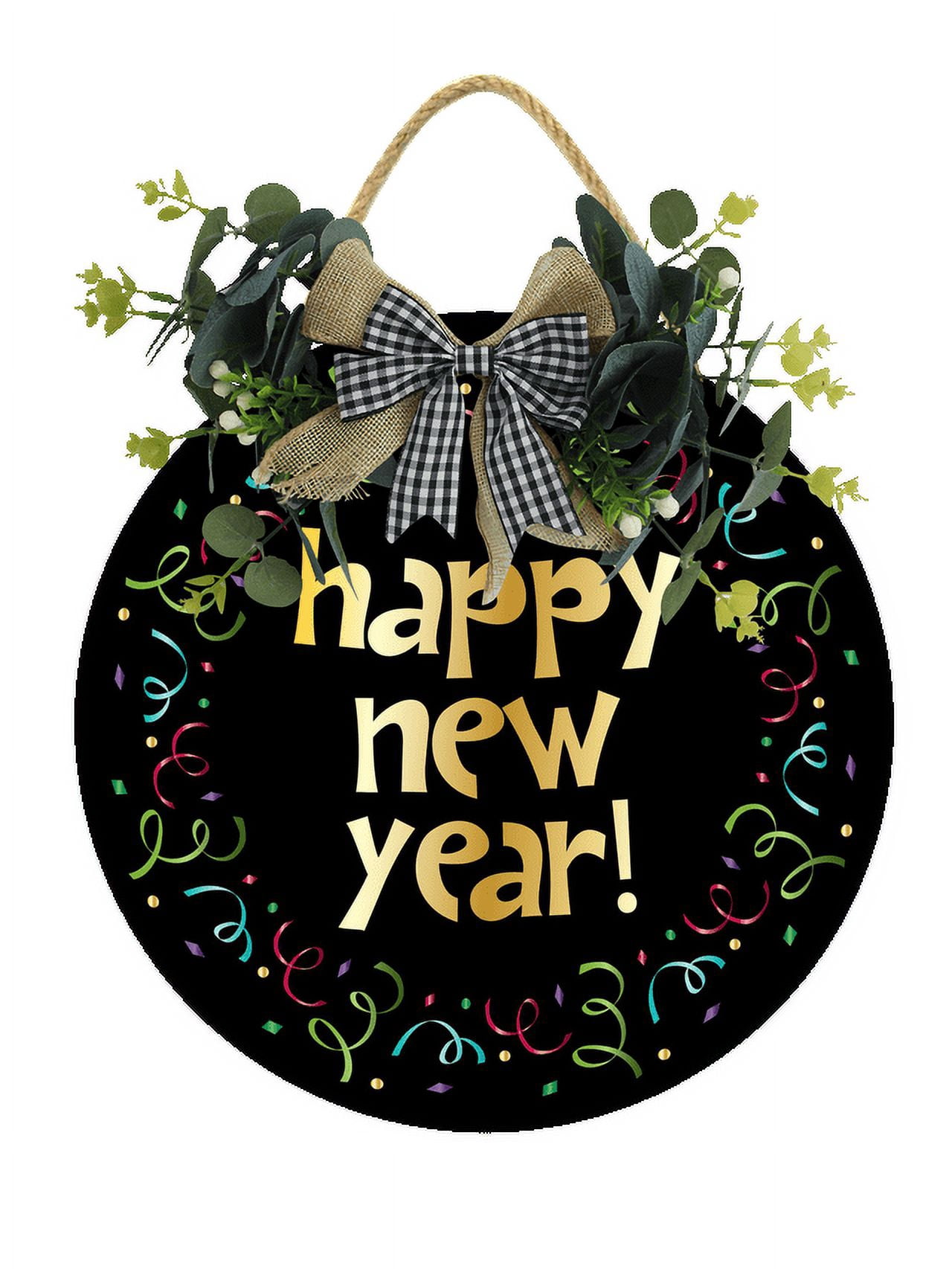 Eveokoki Happy New Year Door Sign Home Decor Round Wood Wreaths Wall ...