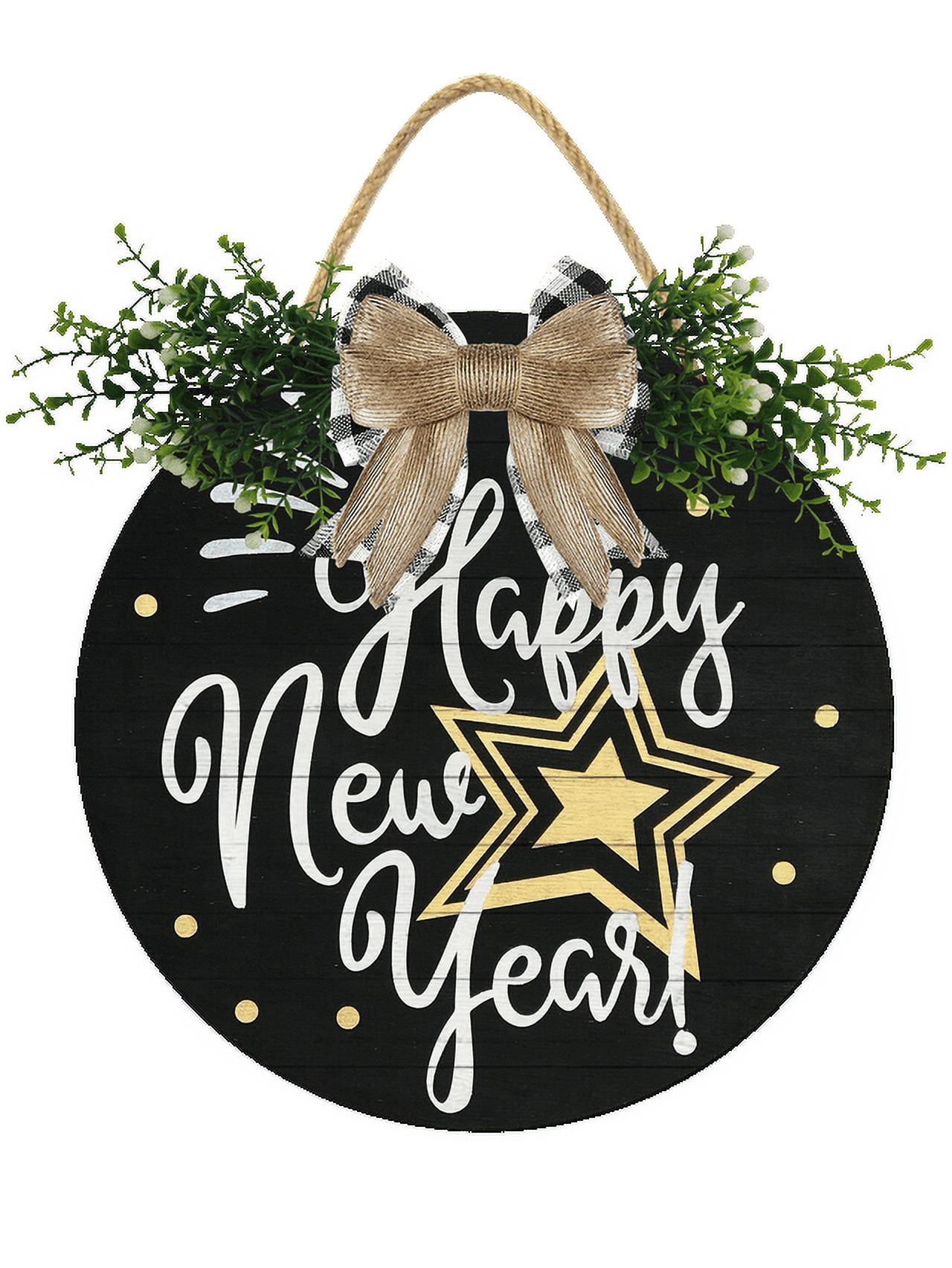 Eveokoki Happy New Year Door Sign Home Decor Round Wood Wreaths Wall ...