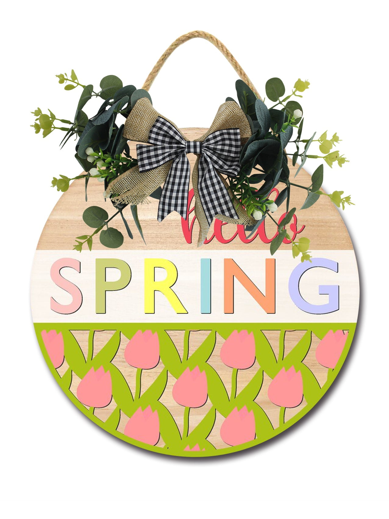 Eveokoki Hello Spring Sign Front Door Porch Decorations, Round Rustic ...