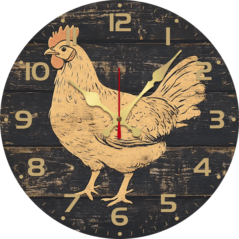 Eveokoki 10 Inch Chicken Silent Non Ticking Round Quartz Wooden Wall ...