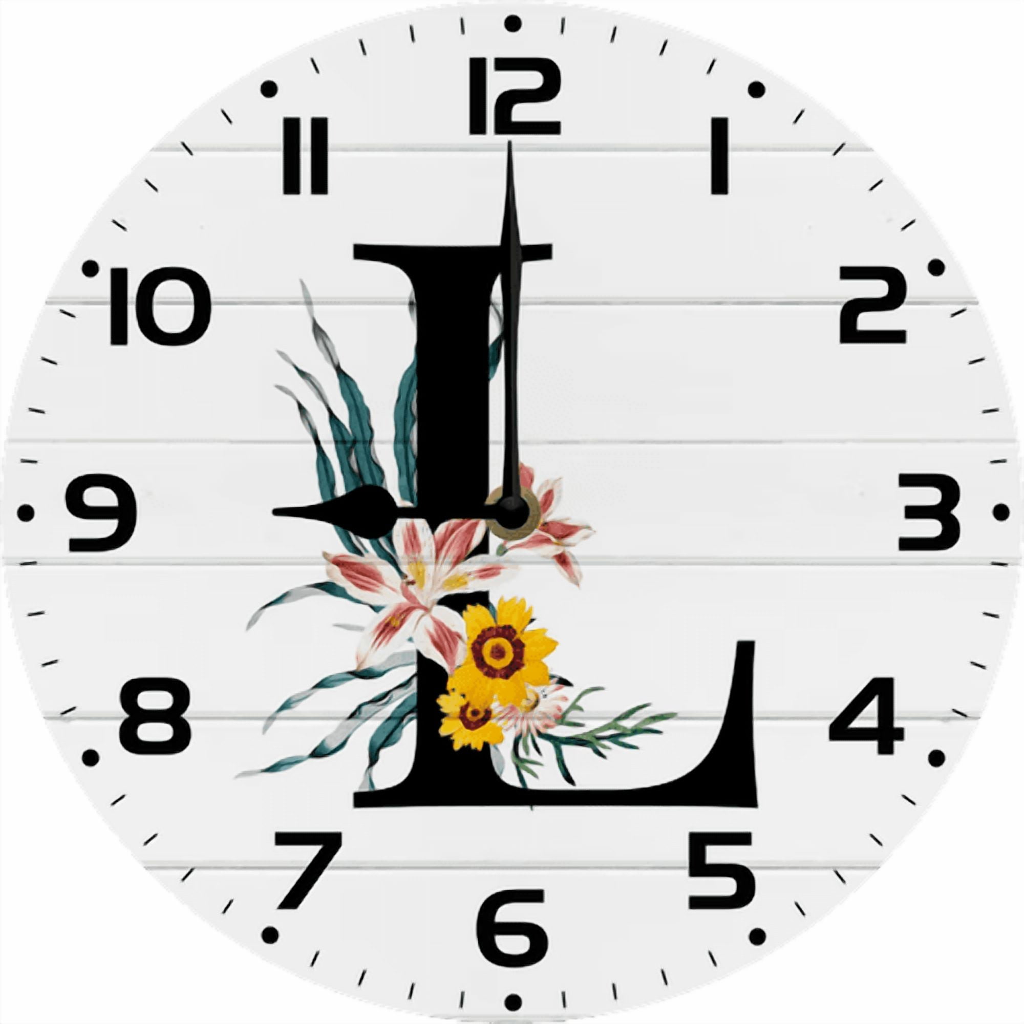 Eveokoki Monogram Letter L Wood Wall Clocks Flower Frameless Battery ...