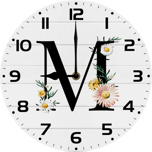 Eveokoki Monogram Letter M Wood Wall Clocks Flower Frameless Battery ...