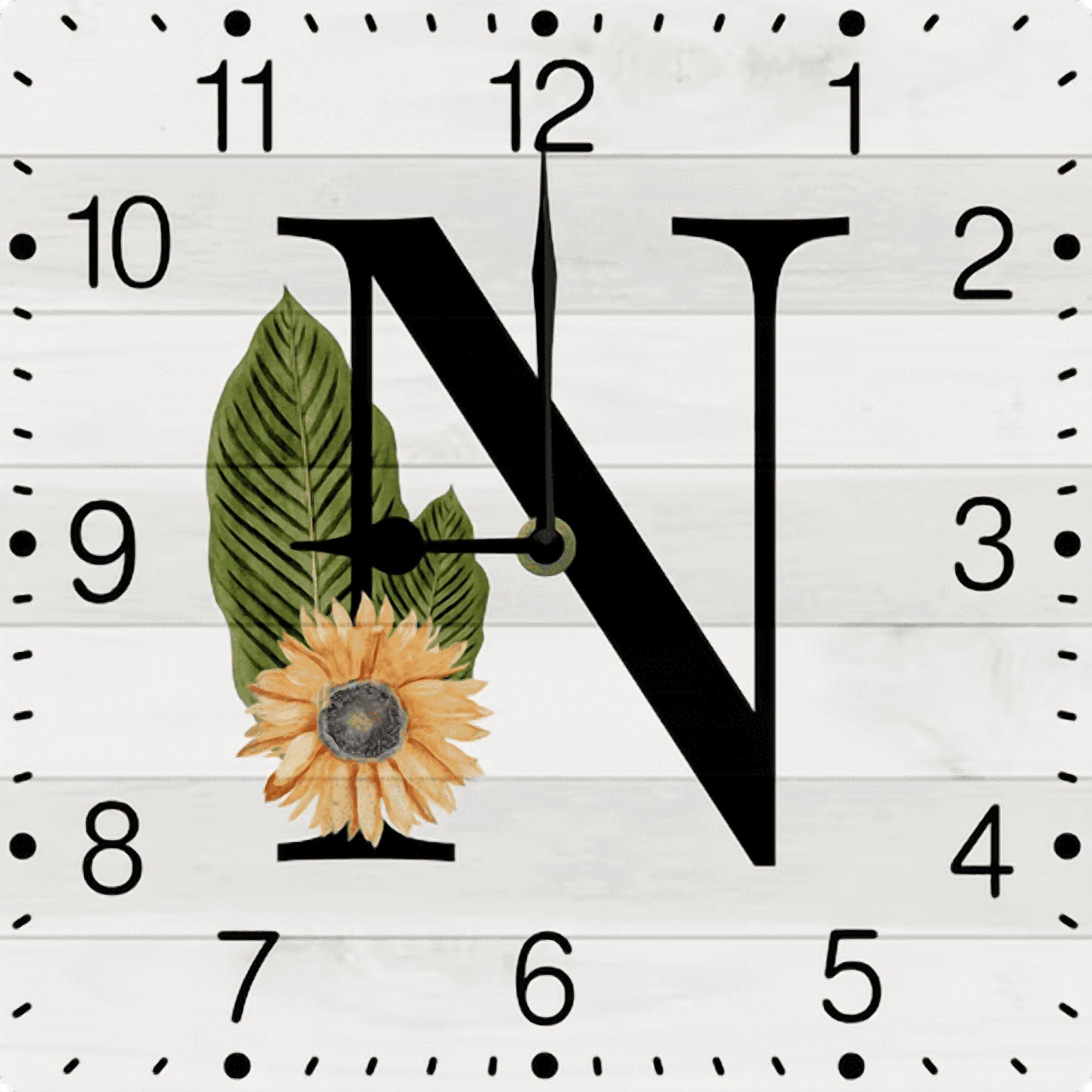 Eveokoki Monogram Letter N Wood Wall Clocks Wildflower Frameless ...