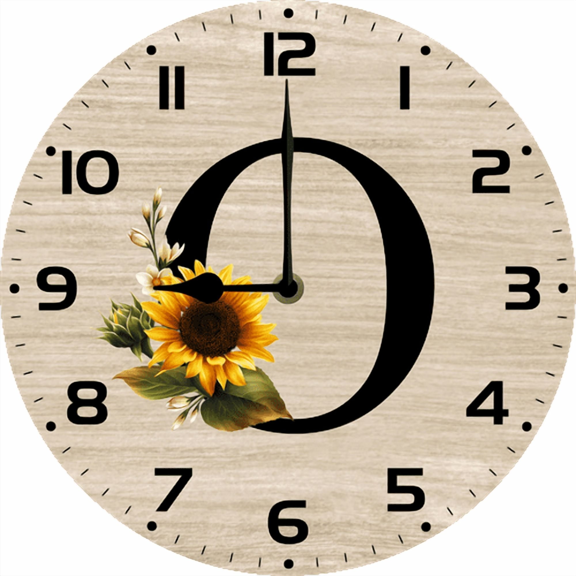 Eveokoki Monogram Letter O Round Wood Wall Clocks Sunflower Frameless ...
