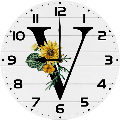 Eveokoki Monogram Letter V Wood Wall Clocks Flower Frameless Battery ...