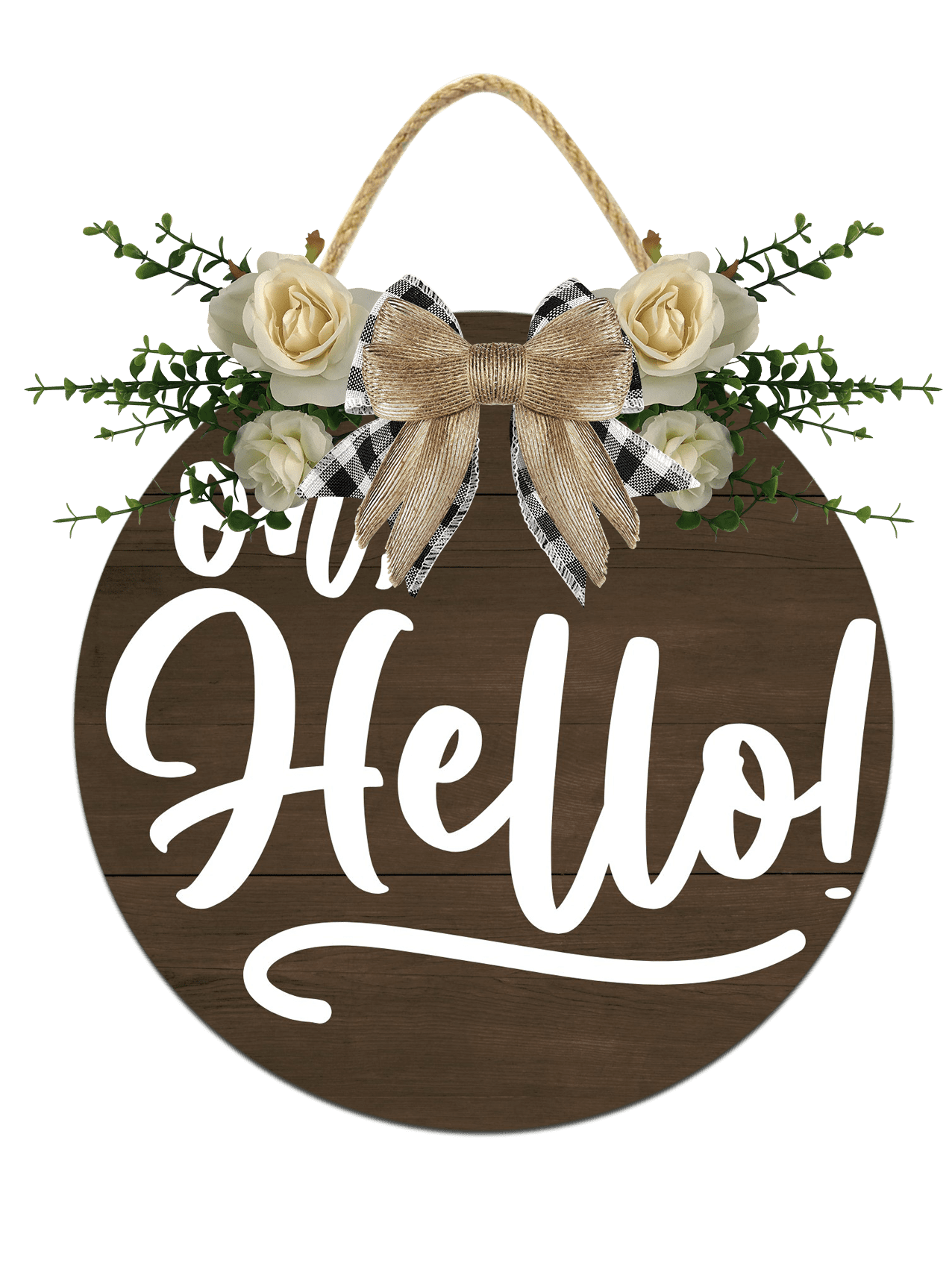 Eveokoki Oh Hello Sign Front Door Porch Decorations, Round Rustic Wood ...