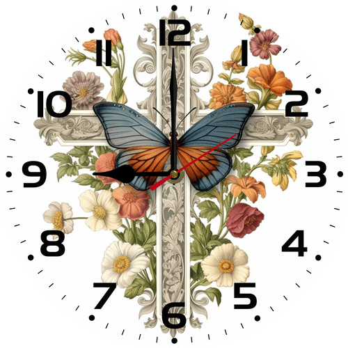 Eveokoki Round Wall Clocks Butterfly Sitting Cross With Flowers Wood ...