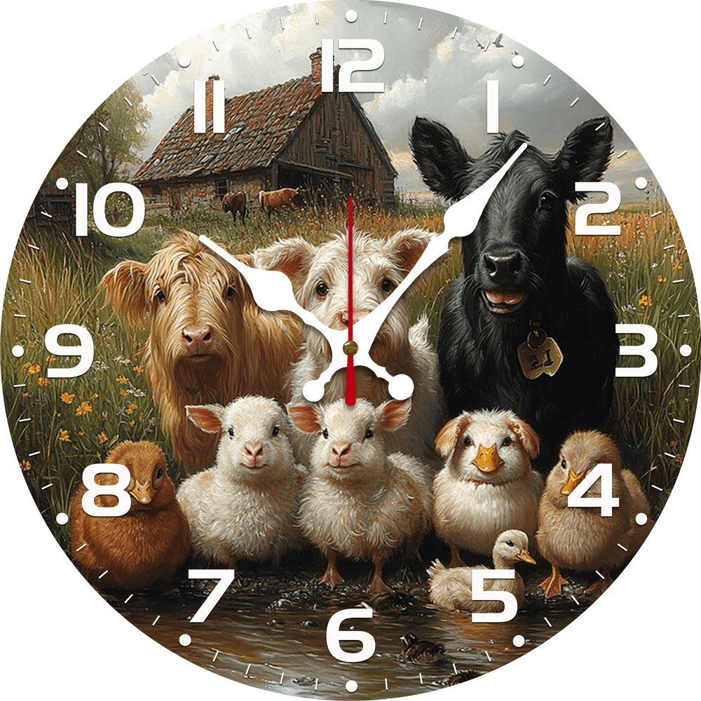 Eveokoki Wall Clock 12 Inch Non-Ticking Clocks Farm With Cows Barn ...