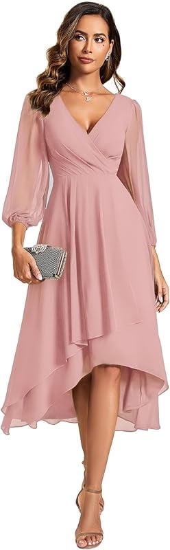 Ever-Pretty Women's Chiffon V Neck Long Sleeves Pleated A-Line Midi ...
