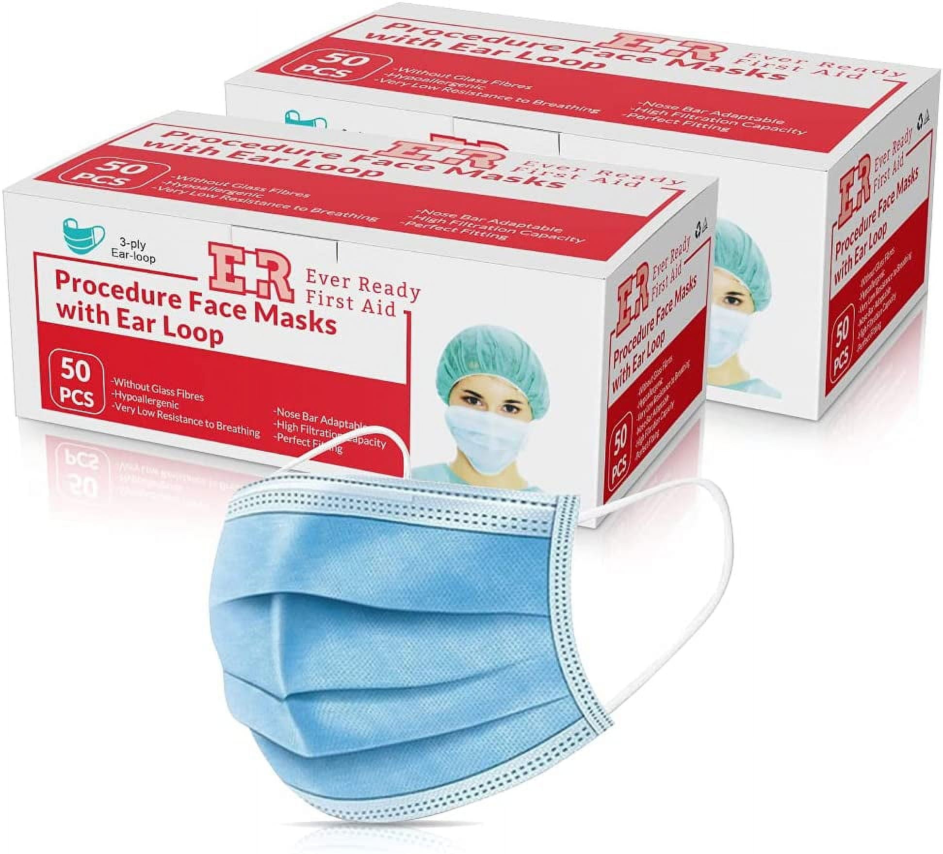 Ever Ready First Aid 3-Ply Disposable Face Masks, Ear Loop Breathable ...