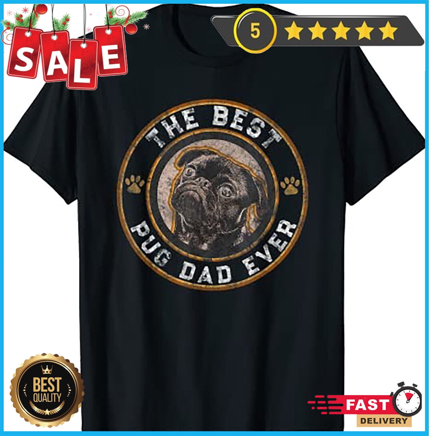 EverAura Mens Best Pug Dad Ever Black Pugs Owner Vintage Dog Lover T ...
