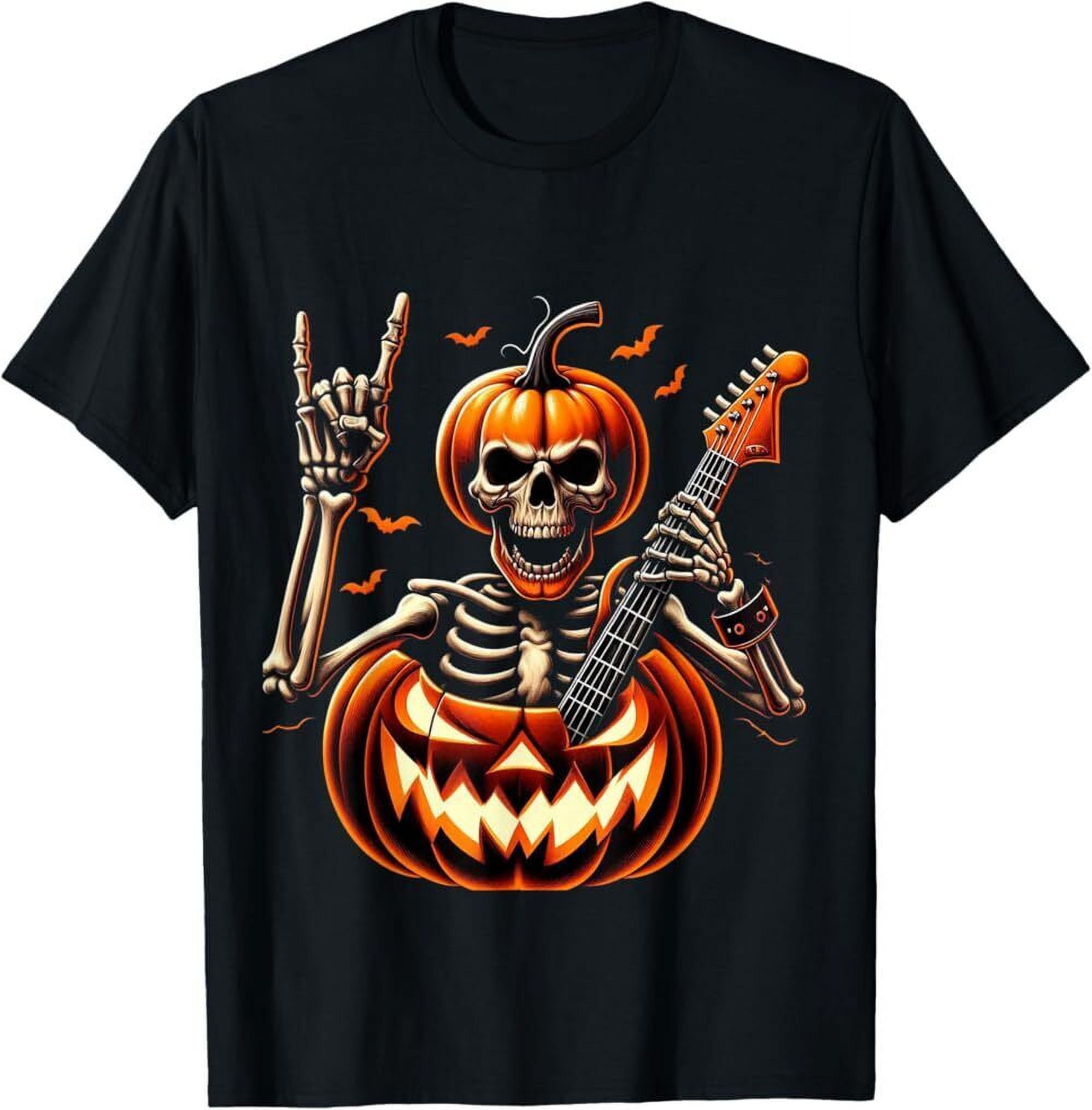 EverAura Skeleton With Fire Guitar Spooky Halloween Rock Band Concert T ...