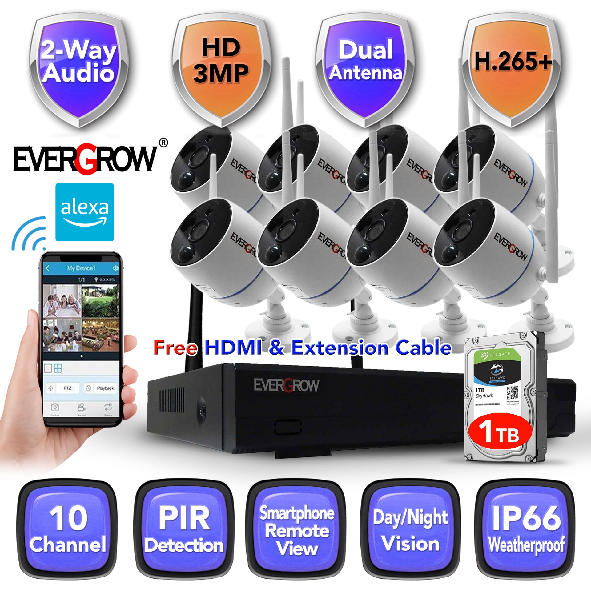 EverGrow Long Range 10CH Wireless NVR 2K 3MP 1296P Wifi CCTV IP Camera ...