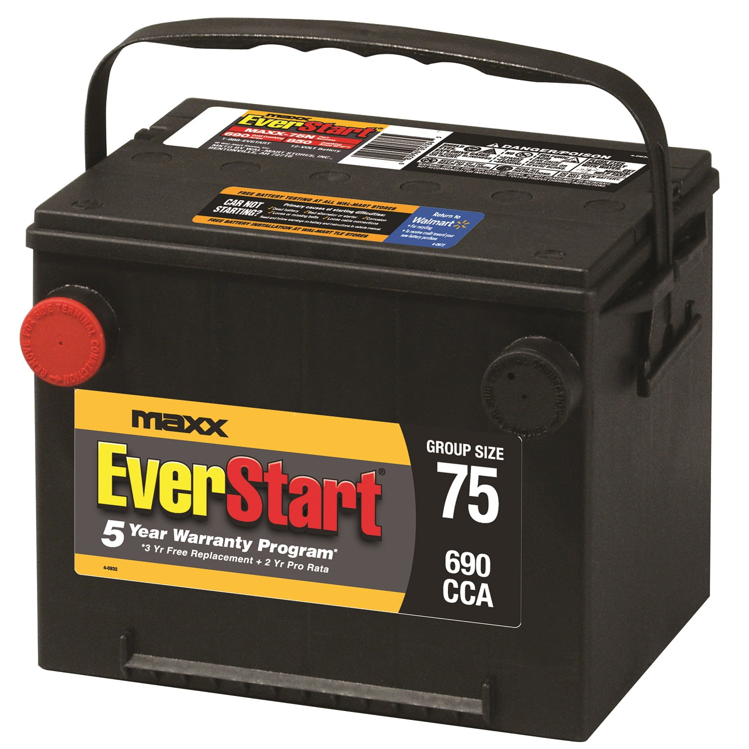 EverStart Lead Acid Automotive Battery 75 Group Size, 690 CCA Side Post ...