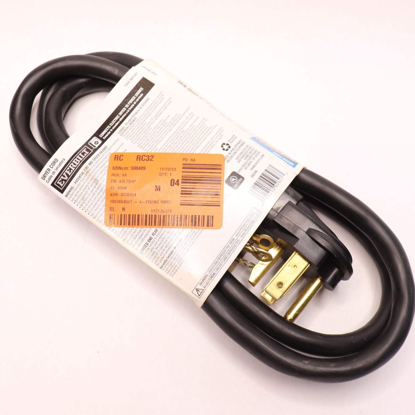 Everbilt Electric Dryer Cord Connector 4 Prong 30 Amp PVC Black 6 ...