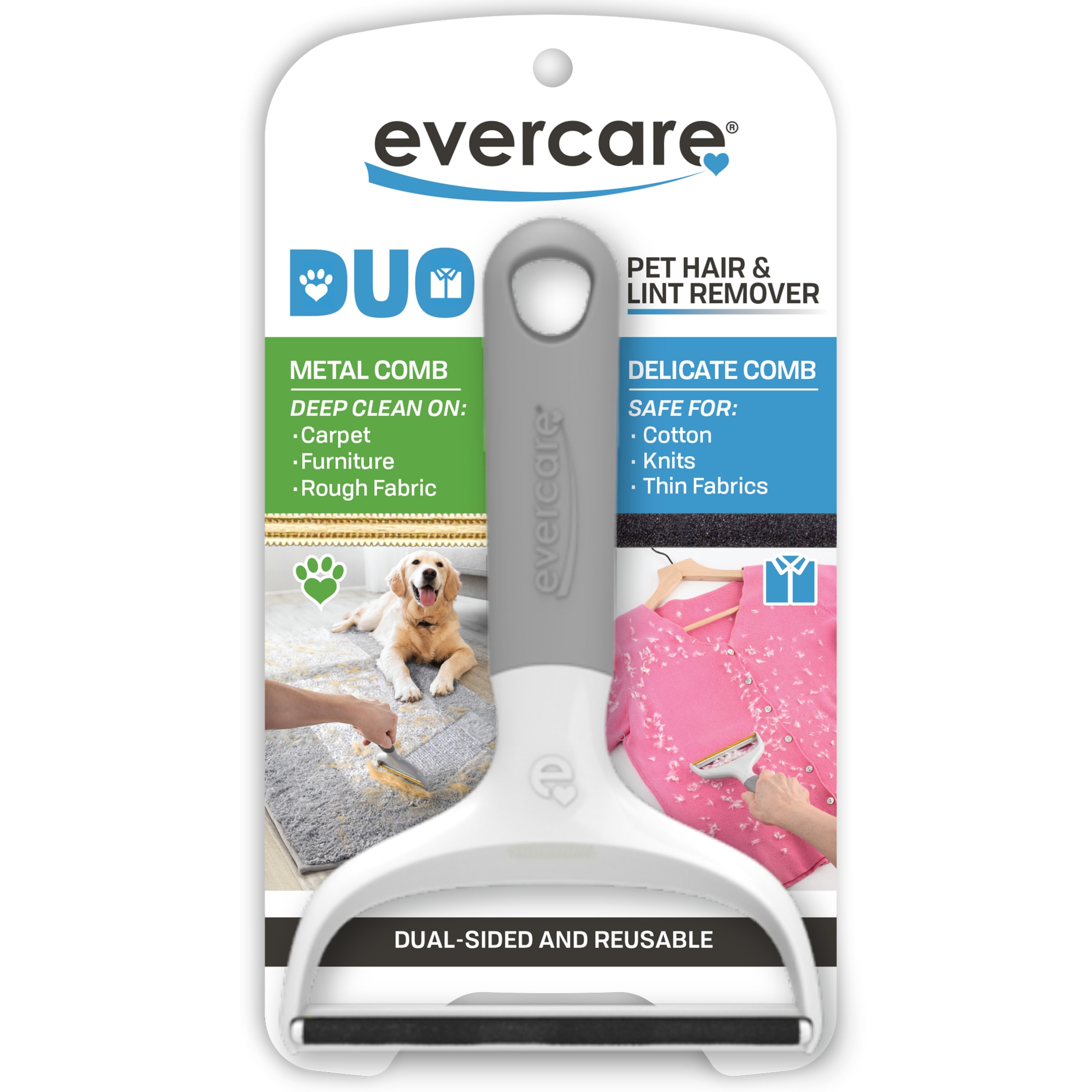 Evercare Duo Pet Hair and Lint Remover with 2 Refills, Dual-Sided Comb ...