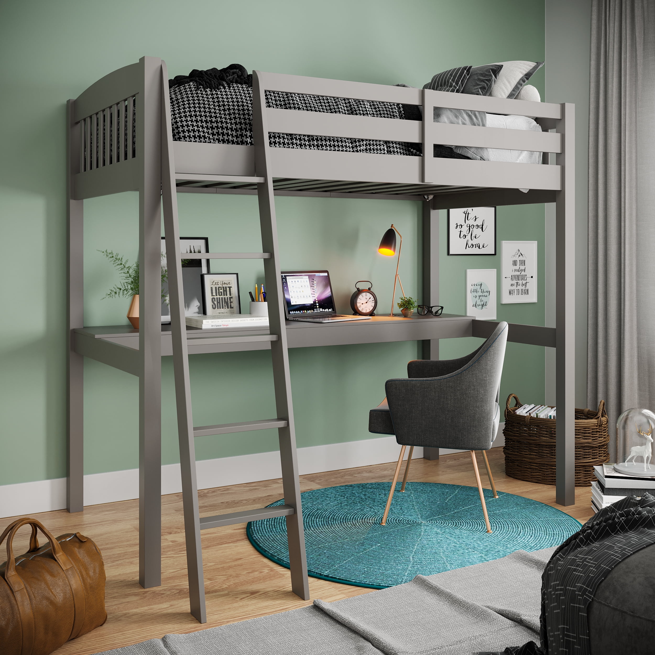 Everest Grey High Loft Bed with Desk and Storage, Heavy Duty Solid Wood ...