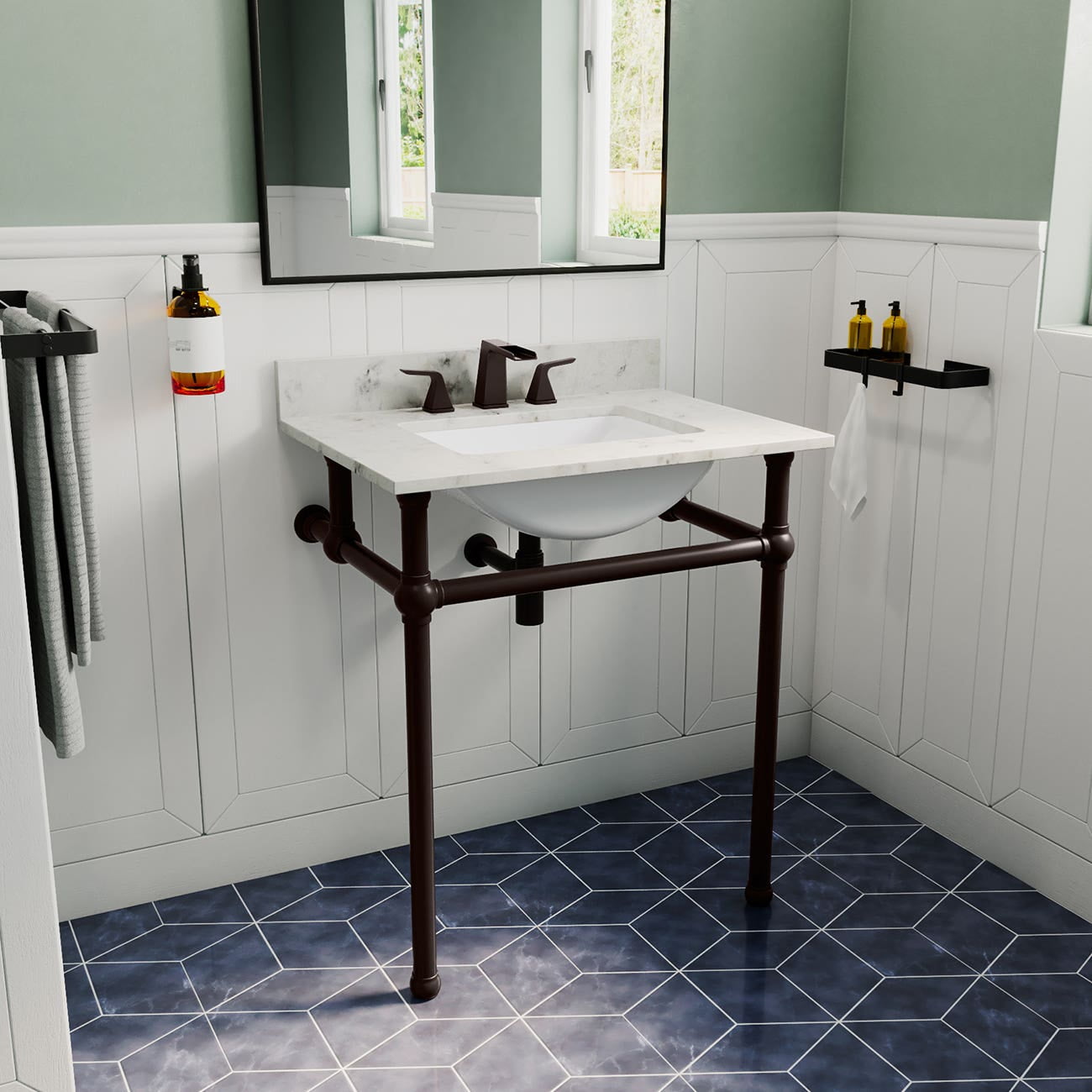 Everett Metal Sink Stand With Carrara Marble Vanity Top - Oil Rubbed ...
