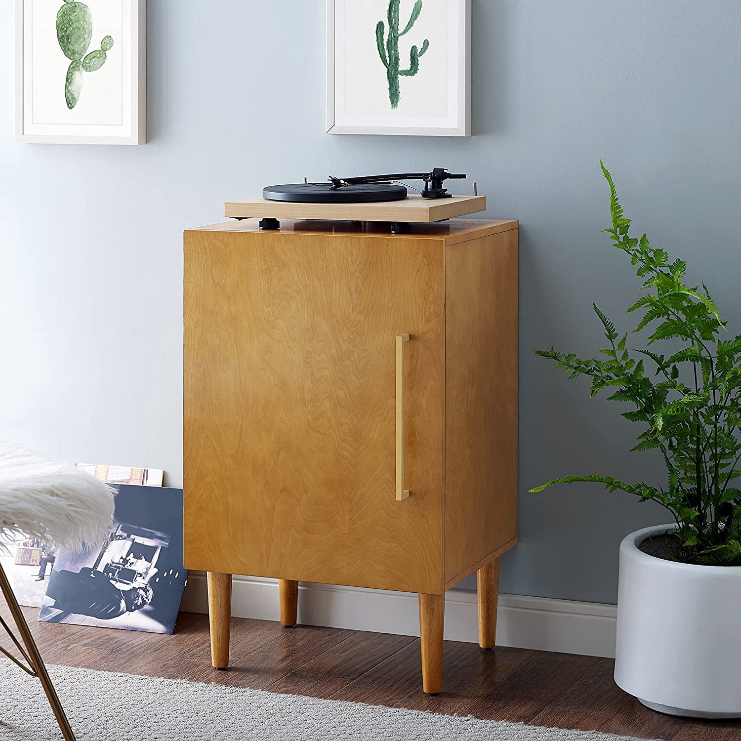 Everett Record Player Stand with Storage for Vinyl Records, Acorn Mid ...