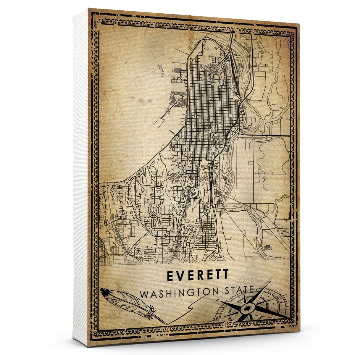 Everett Vintage Map Prints Canvas, Washington Map Art Canvas, Canvas, Everett Map City style ...