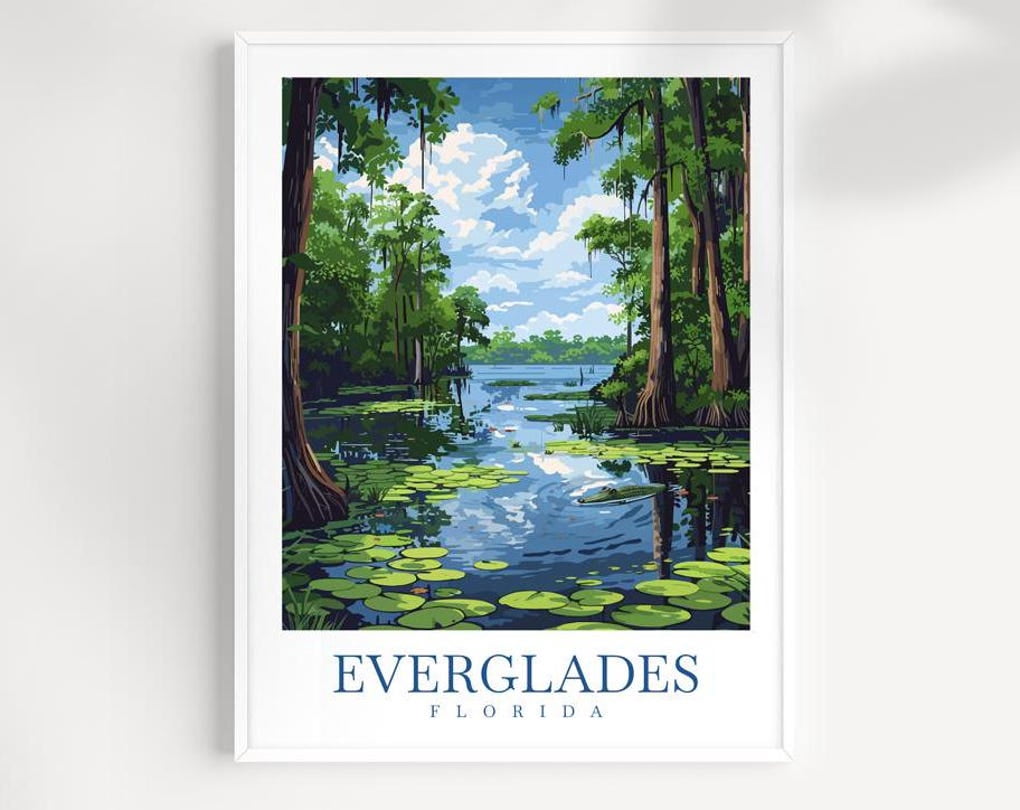 Everglades Florida Travel Print Wall Art, Illustrated Crocodile And ...