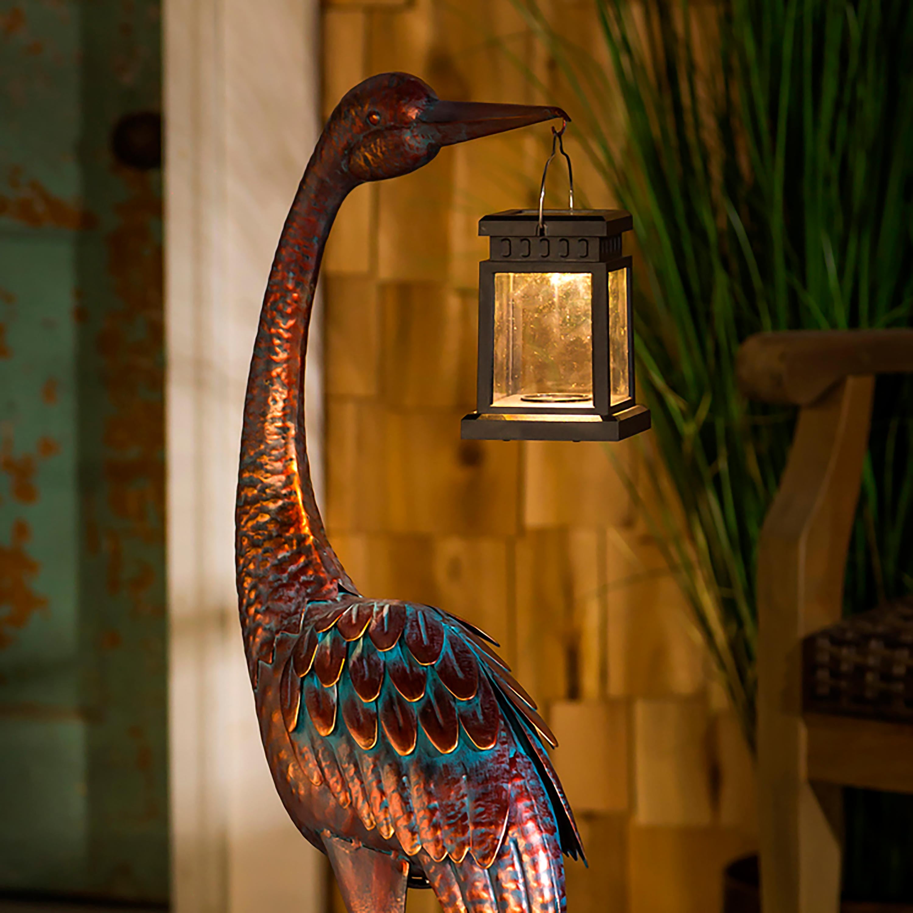 Evergreen 33.5"H Decorative Metal Crane with Solar Lantern Garden Statuary - Walmart.com