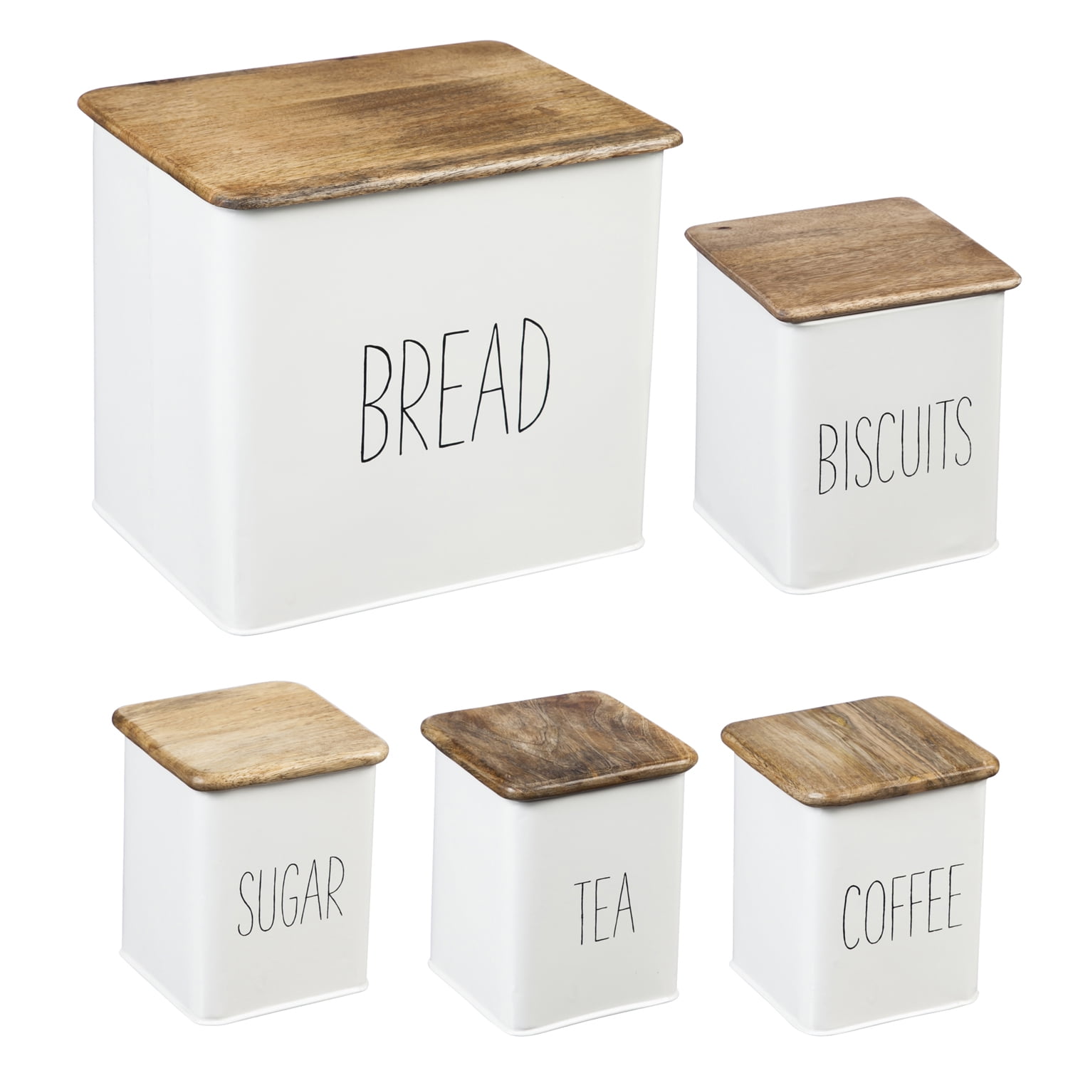 Evergreen 5 Piece Kitchen Canisters with Wooden Top Set, White ...