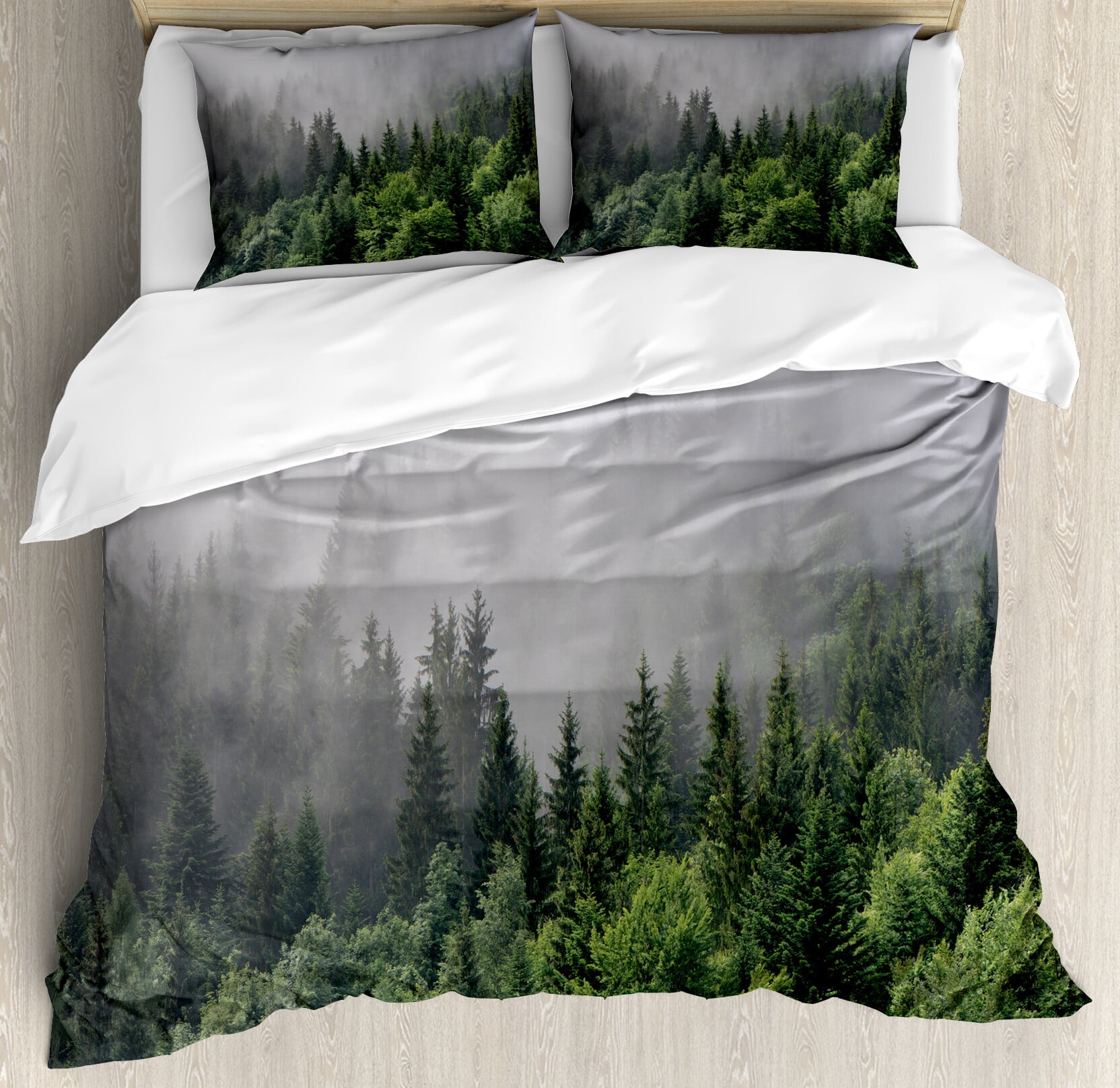 Evergreen Duvet Cover Set, Forest Overview Tops of Tall Plantation with ...