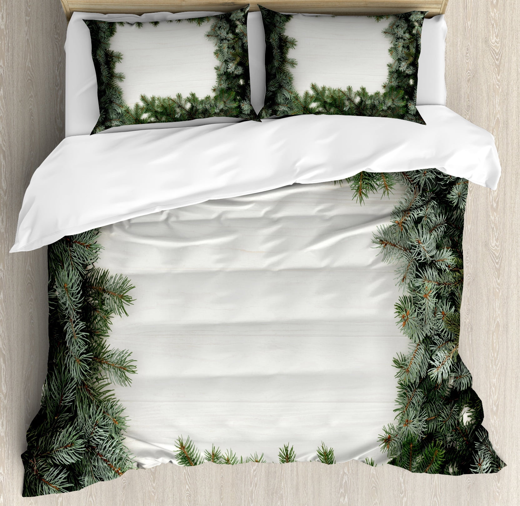 Evergreen Duvet Cover Set, Pattern of Top View Scenery of Fir Twigs on ...