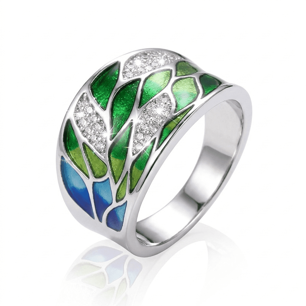 Evergreen Enamel Zircon Ring Nature-Inspired Green Enamel Leaf Ring ...