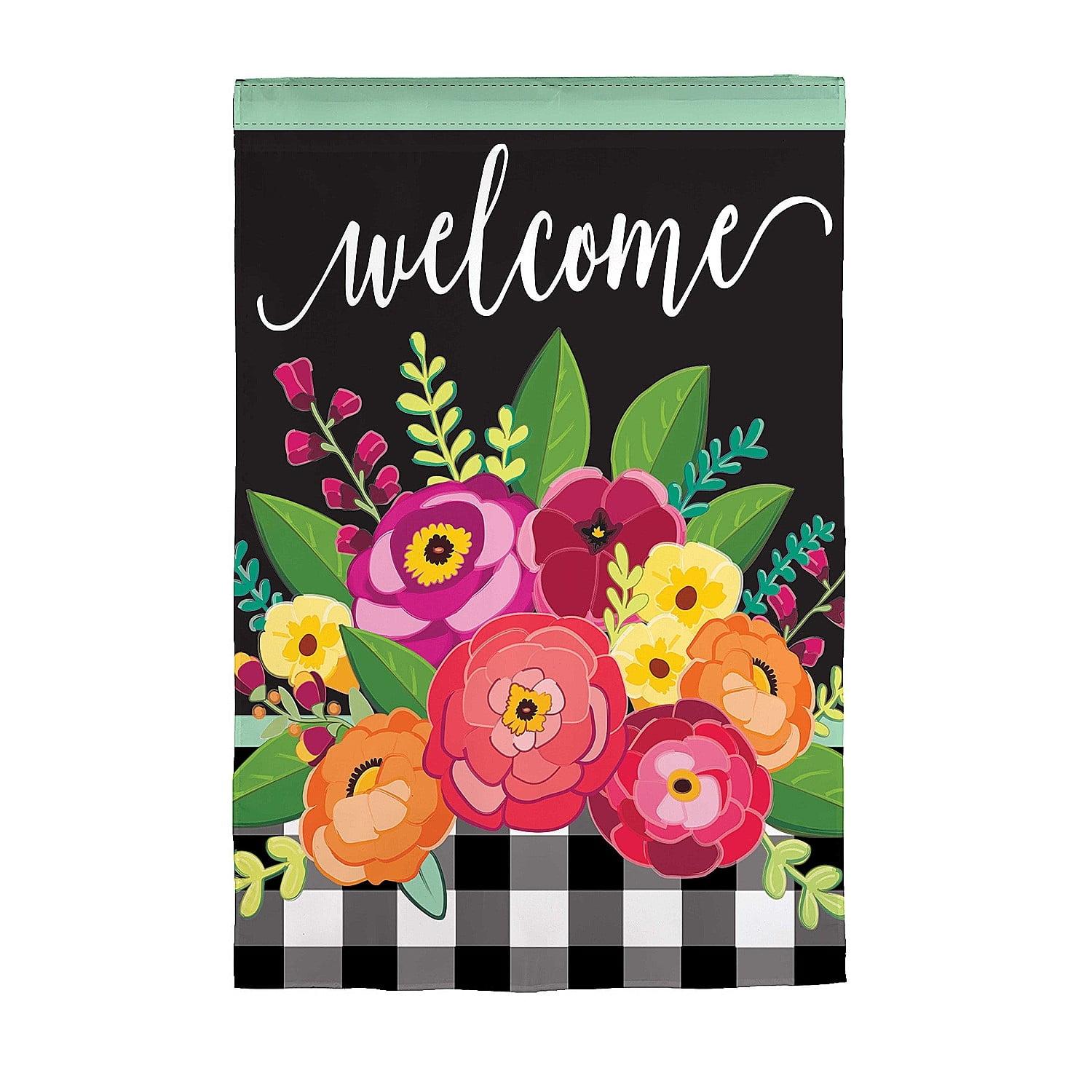 Evergreen Garden Flag Floral Welcome Check Double Sided Indoor Outdoor ...