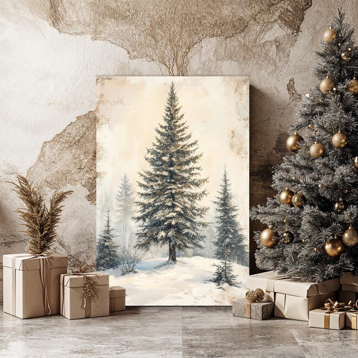 Evergreen Snowy Pine Tree Wall Art Winter Forest Landscape Poster ...