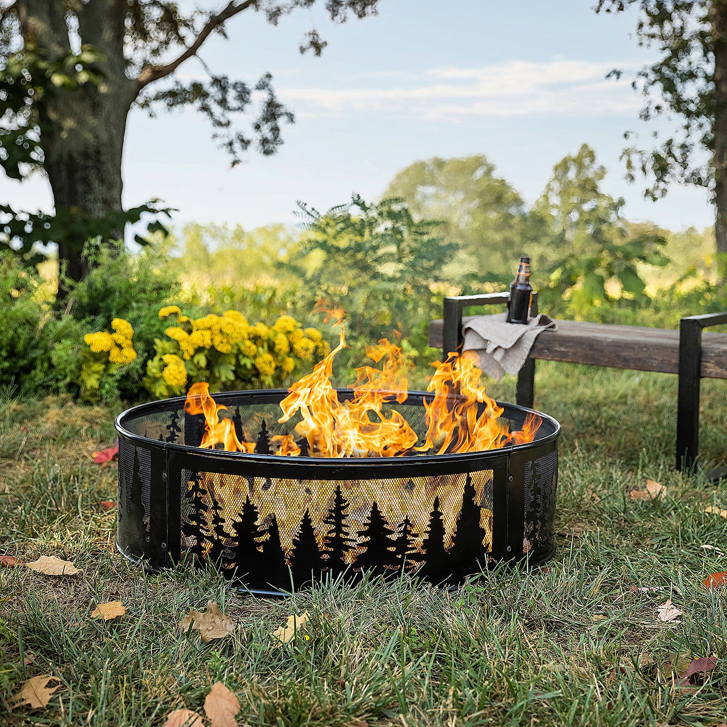 Evergreen Tree Line Metal Fire Ring- 36 x 10 x 36 Inches Outdoor Safe ...